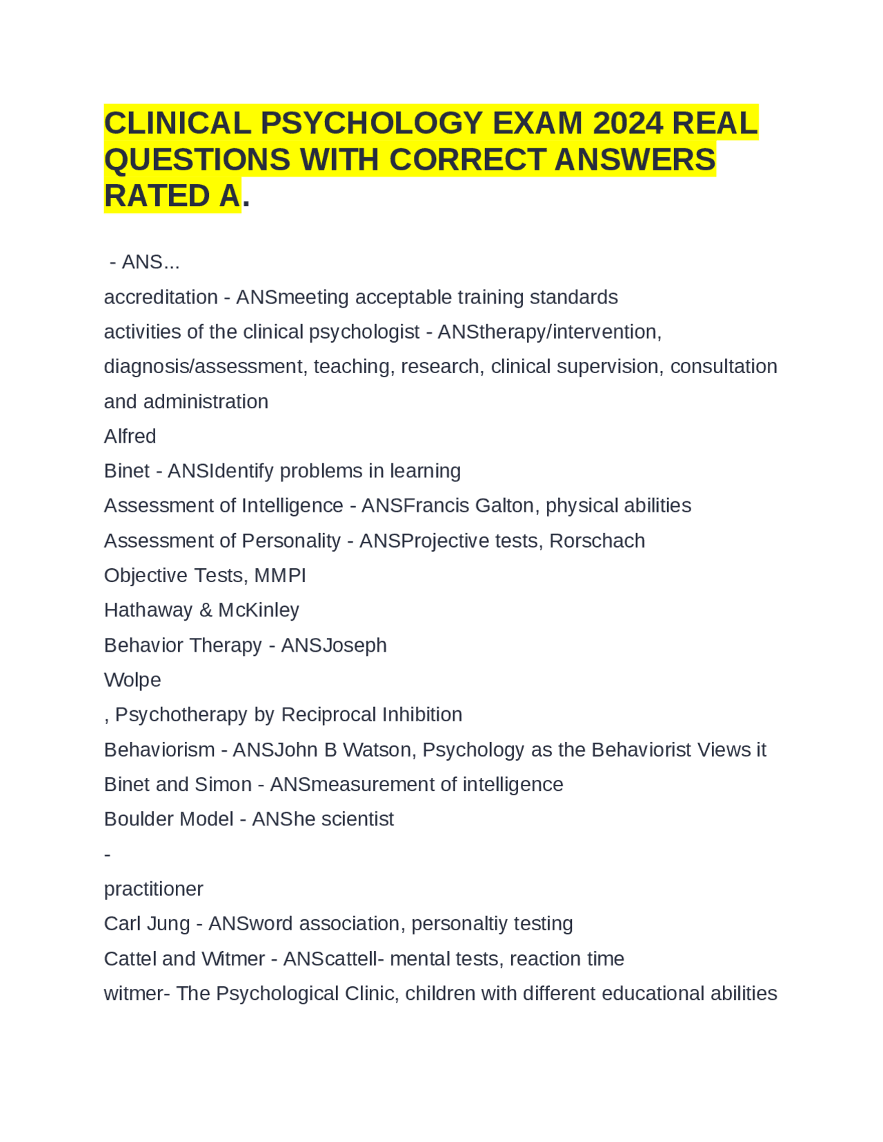 CLINICAL PSYCHOLOGY EXAM 2024 REAL QUESTIONS WITH CORRECT ANSWERS RATED ...