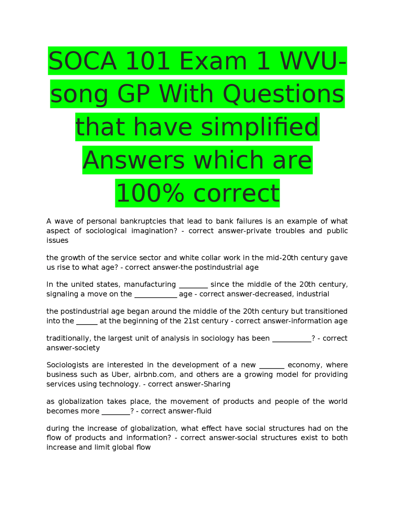 SOCA 101 Exam 1 WVU-song GP With Questions that have simplified Answers ...