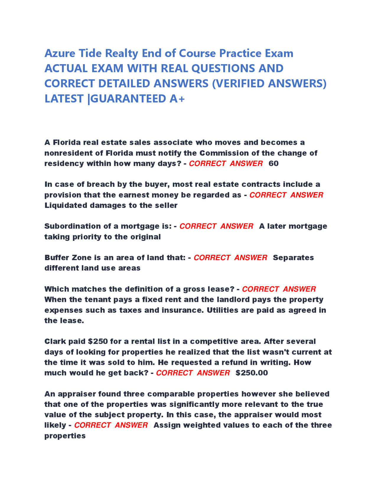 Azure Tide Realty End of Course Practice Exam ACTUAL EXAM WITH REAL ...