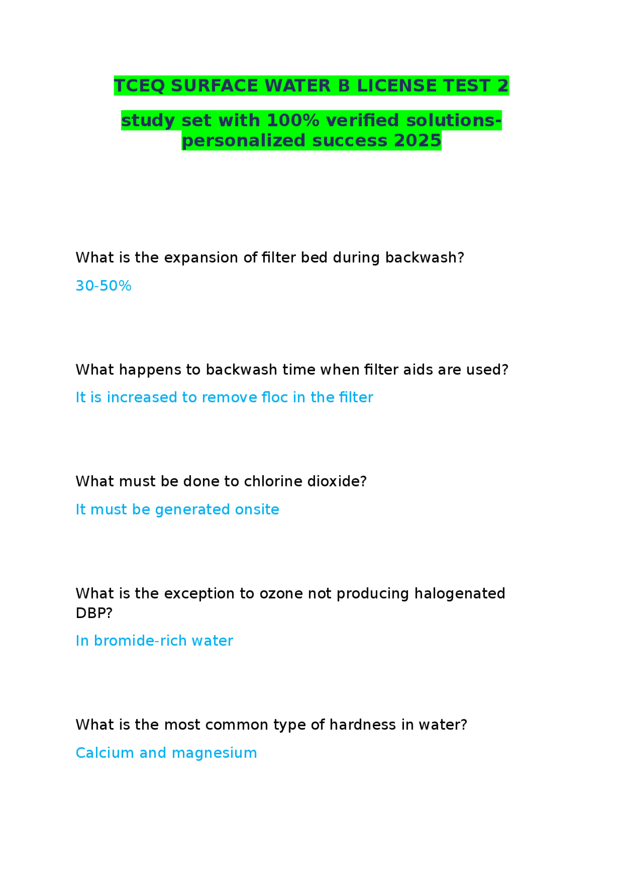 TCEQ SURFACE WATER B LICENSE TEST 2 study set with 100% verified ...