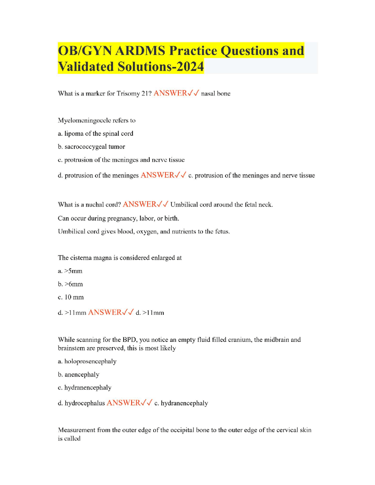 OB/GYN ARDMS Practice Questions and Validated Solutions-2024 | Exams Nursing | Docsity