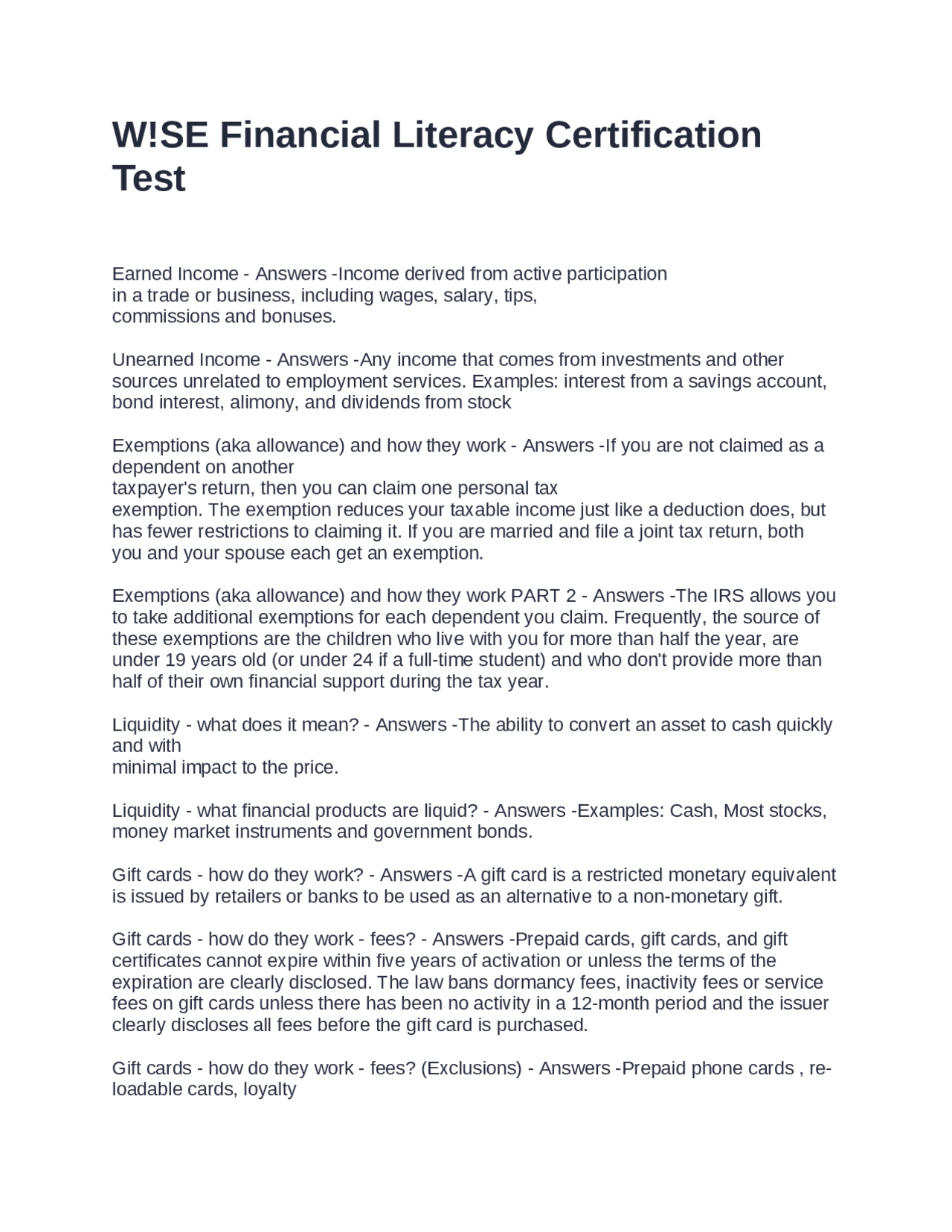 Financial Literacy Certification Test: Understanding Income, Liquidity ...