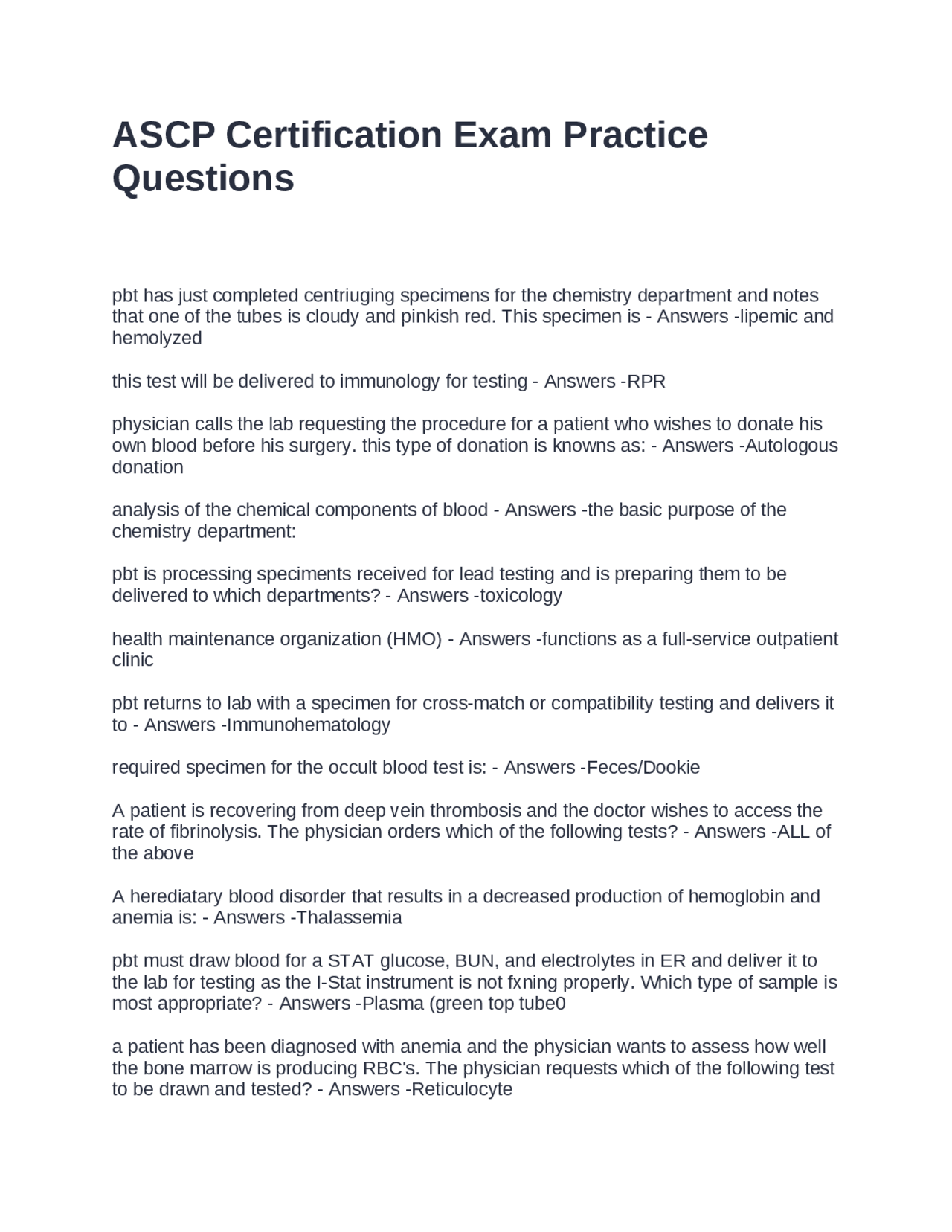 ASCP Certification Exam Practice Questions and 100% correct Answers ...