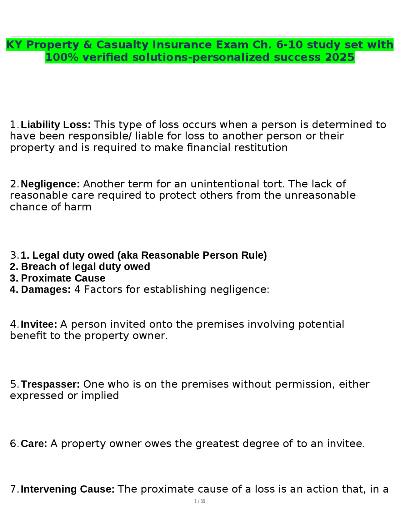 KY Property & Casualty Insurance Exam Ch. 6-10 study set with 100% ...
