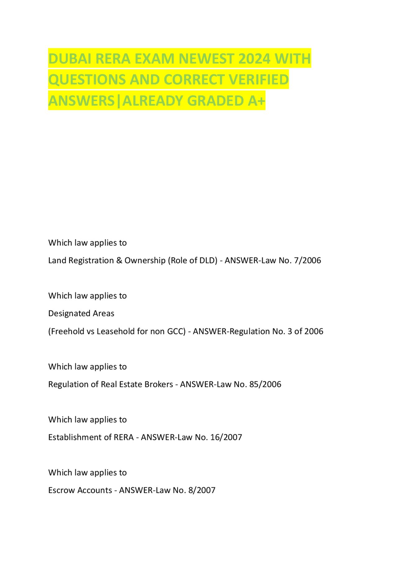 DUBAI RERA EXAM NEWEST 2024 WITH QUESTIONS AND CORRECT VERIFIED ANSWERS ...