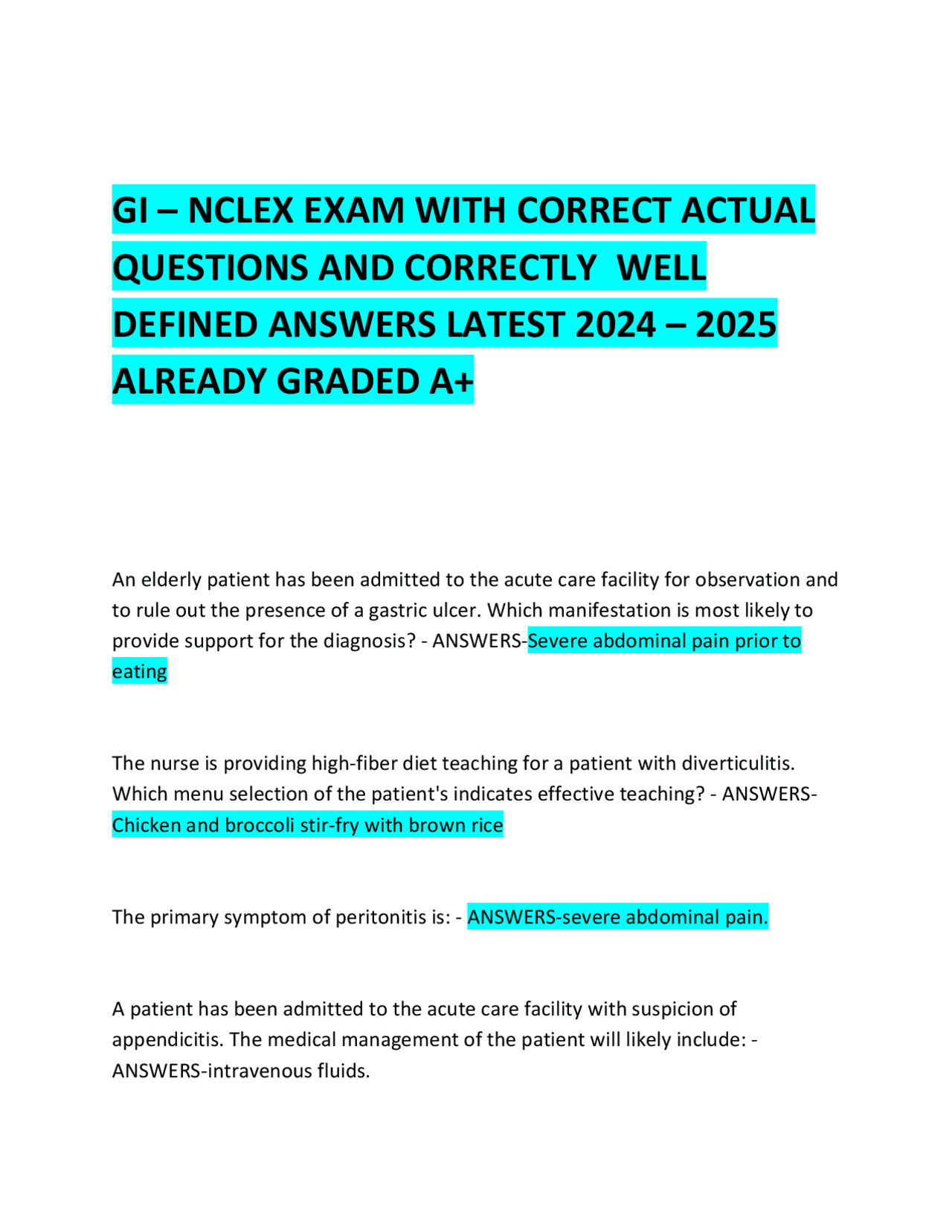 GI – NCLEX EXAM WITH CORRECT ACTUAL QUESTIONS AND CORRECTLY WELL ...
