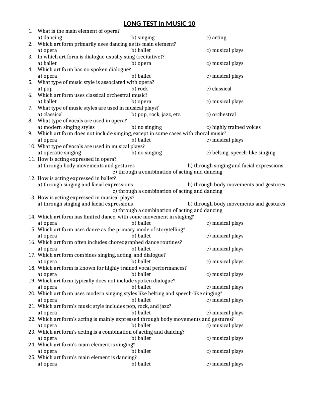 "Comprehensive Quiz on Music (Quarter 4) for Grade 10 Students: Test ...