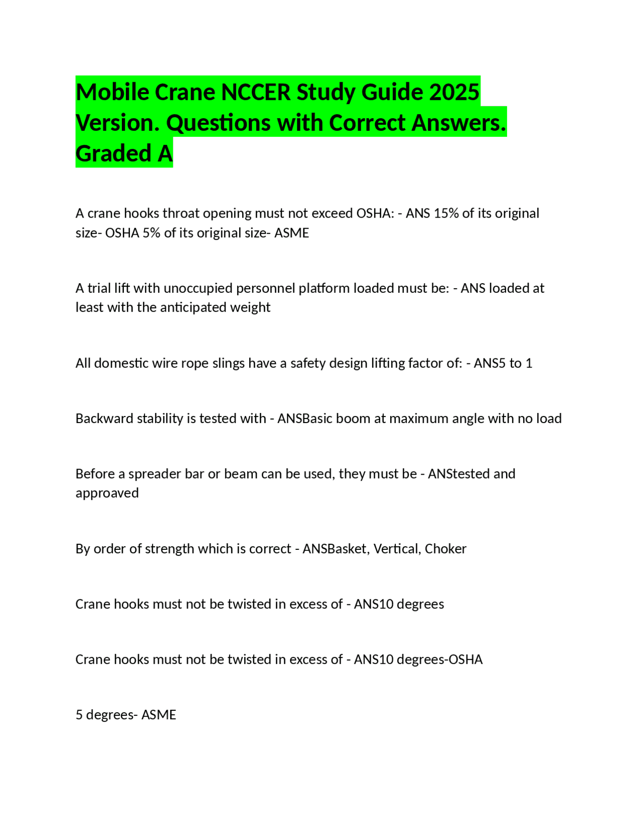 Mobile Crane NCCER Study Guide 2025 Version. Questions with Correct ...
