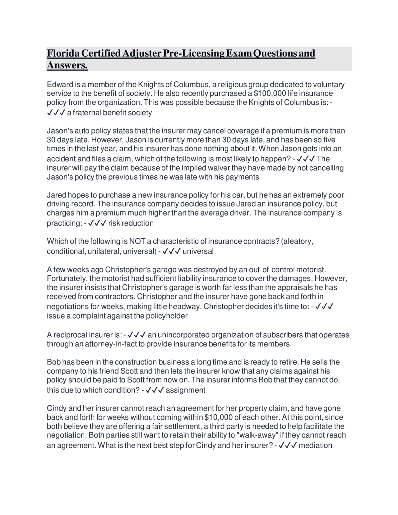 Florida Certified Adjuster Pre-Licensing Exam Questions and Answers ...