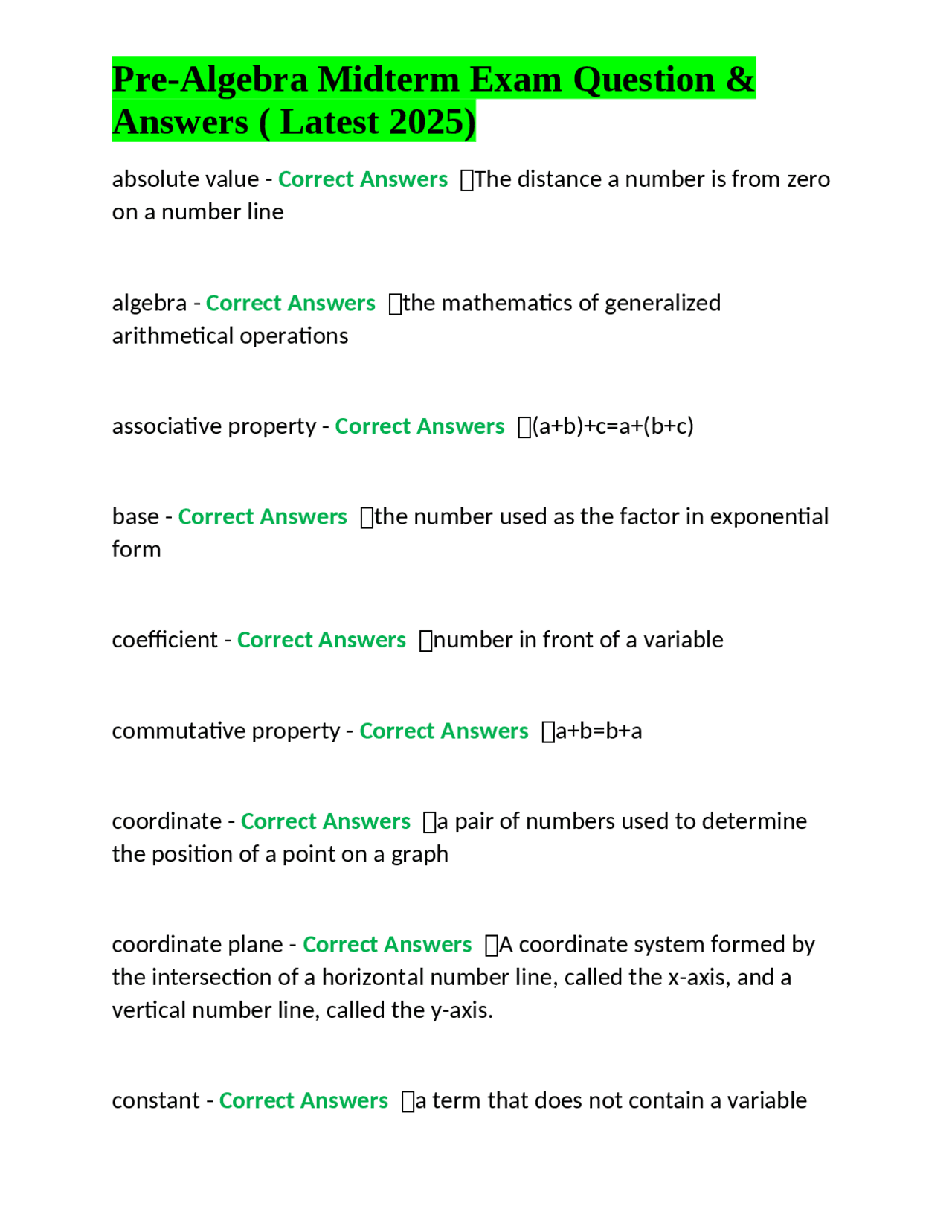 Pre-Algebra Midterm Exam Question & Answers ( Latest 2025) | Exams ...