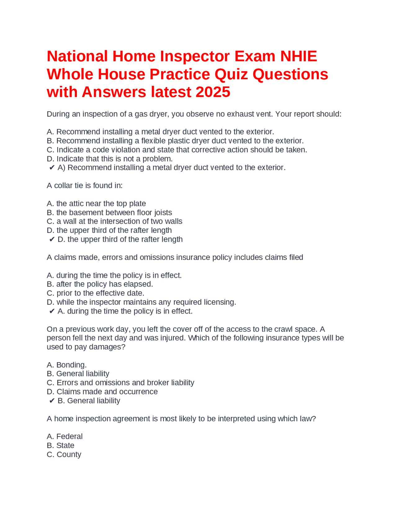 National Home Inspector Exam (NHIE) Whole House Practice Quiz Questions ...
