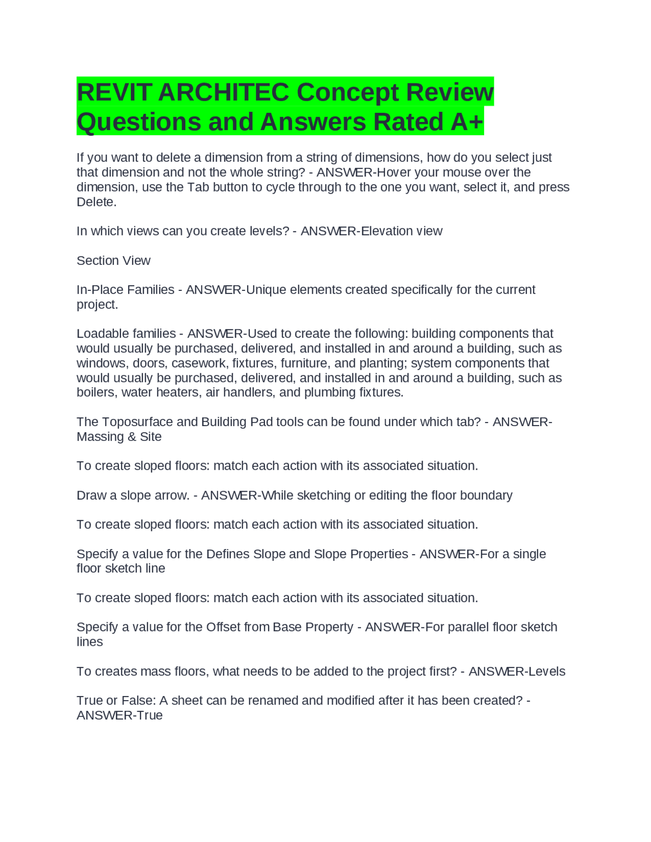 Revit Architecture Concept Review: Questions and Answers | Exams ...