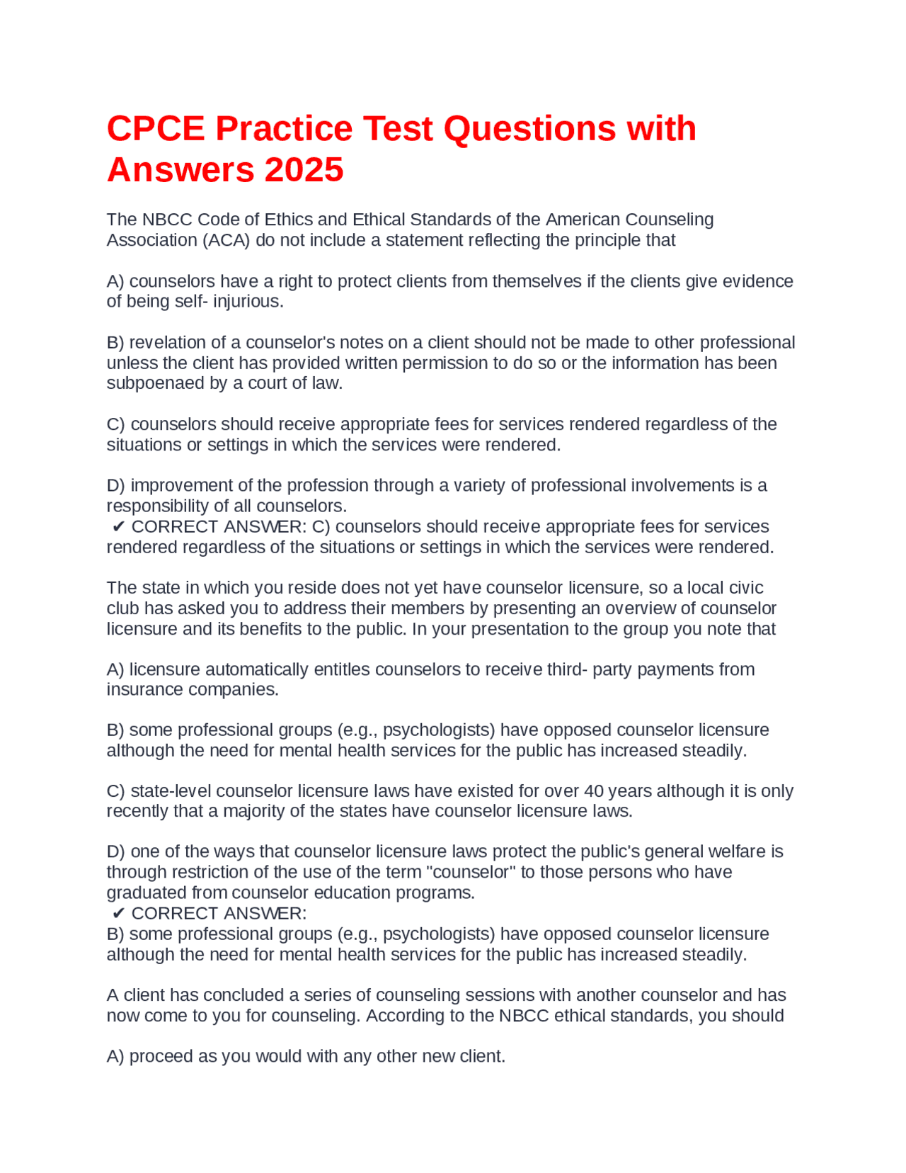 CPCE Practice Test Questions with Answers 2025 | Exams Psychology | Docsity