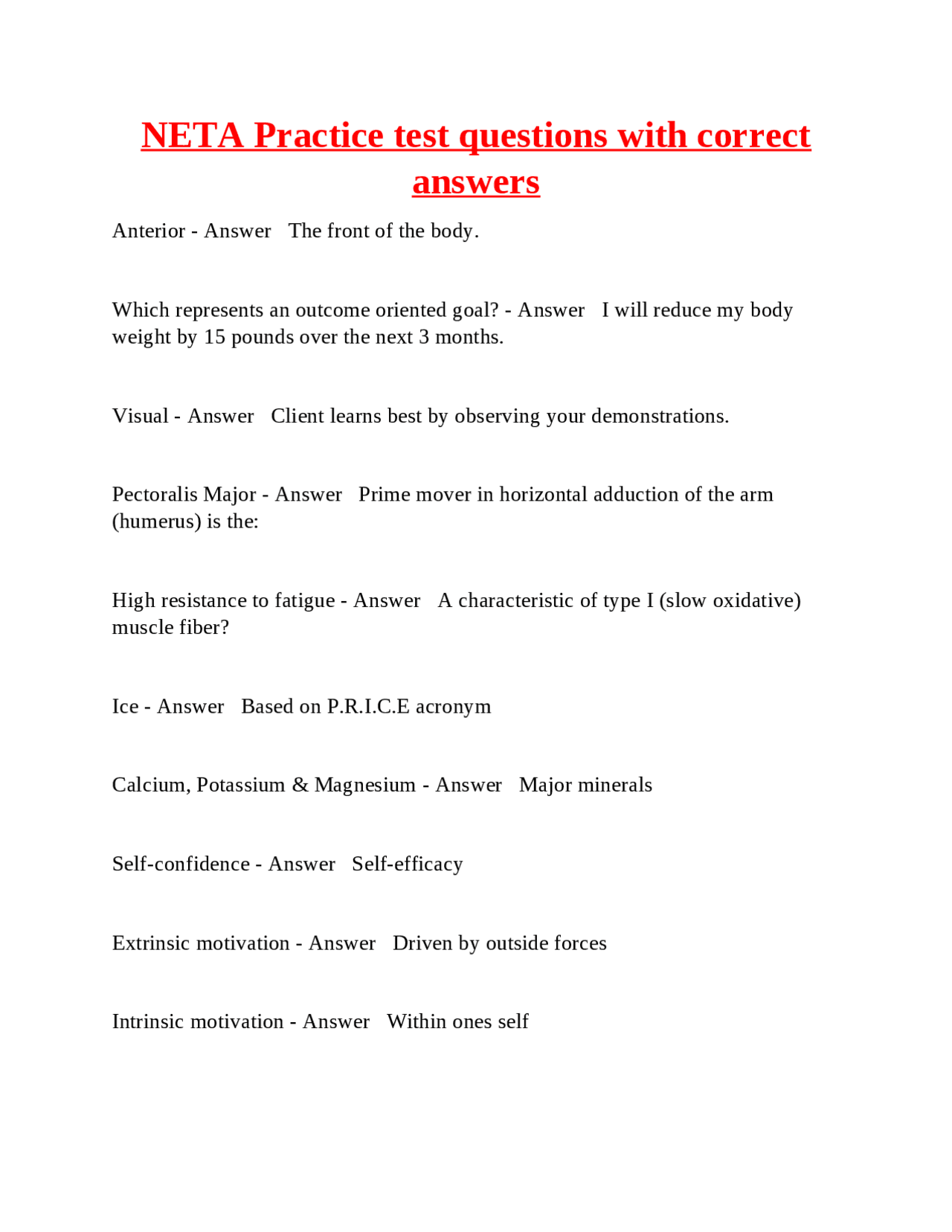NETA Practice test questions with correct answers | Exams Nursing | Docsity
