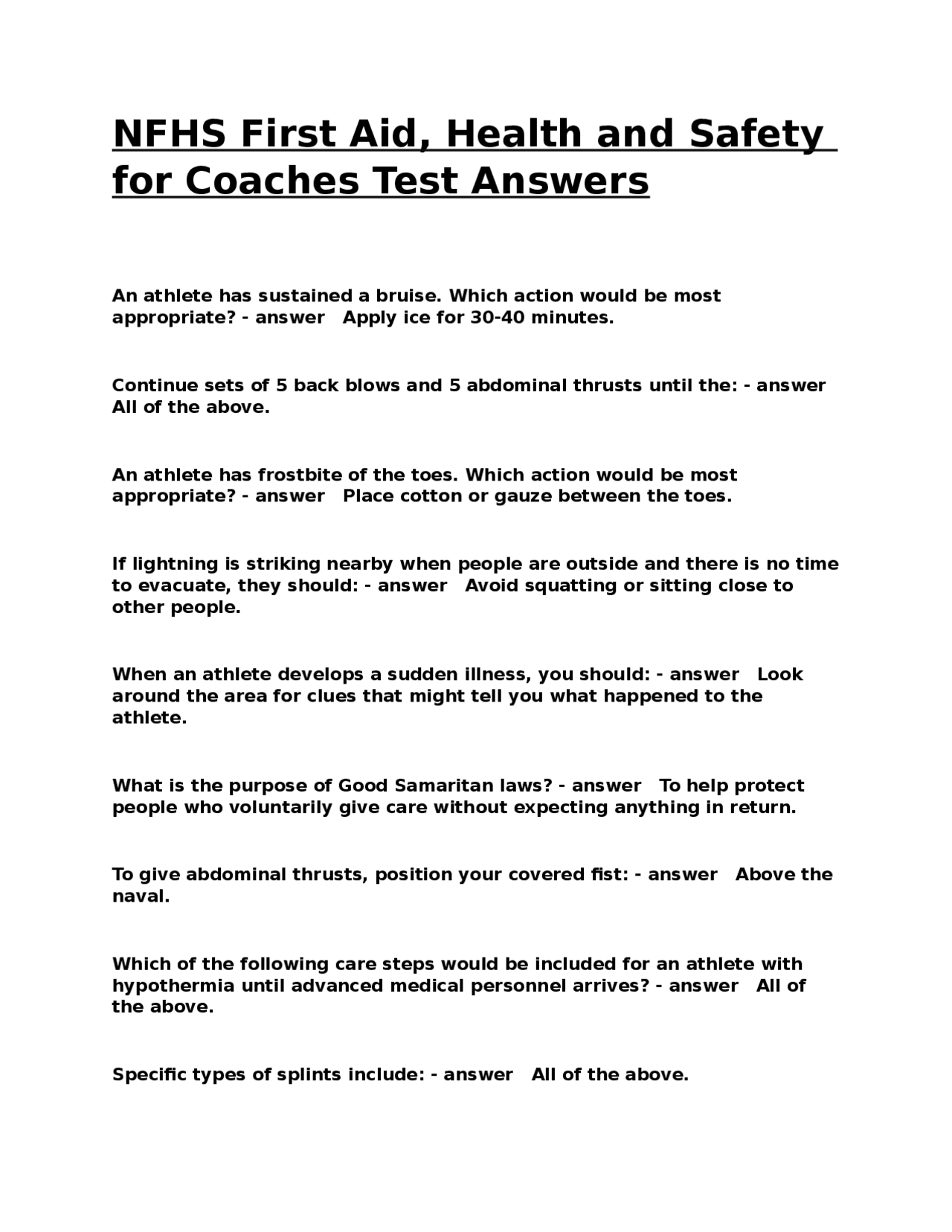 NFHS First Aid, Health and Safety for Coaches Test Answers.docx | Exams ...