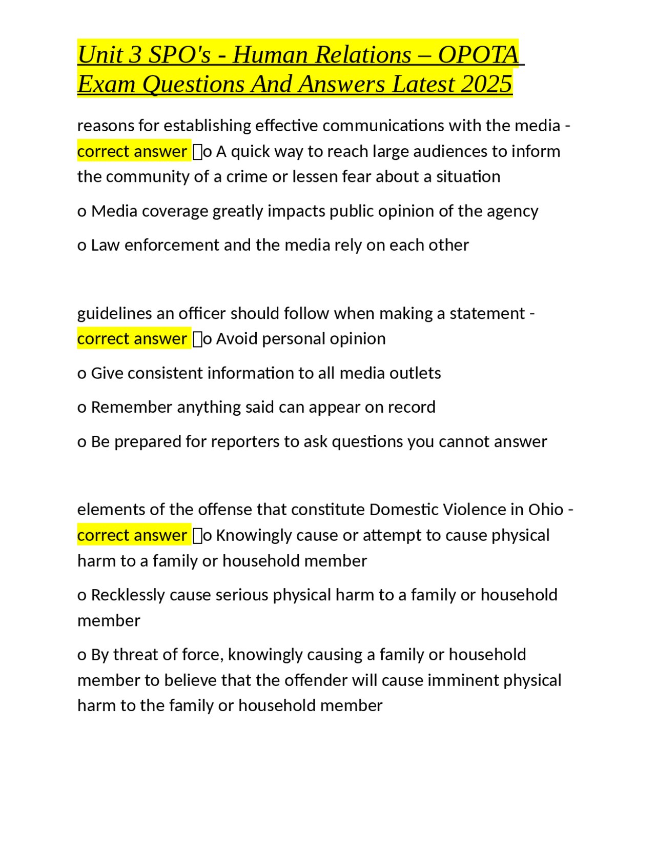 Human Relations in Law Enforcement: Exam Questions and Answers for Unit ...