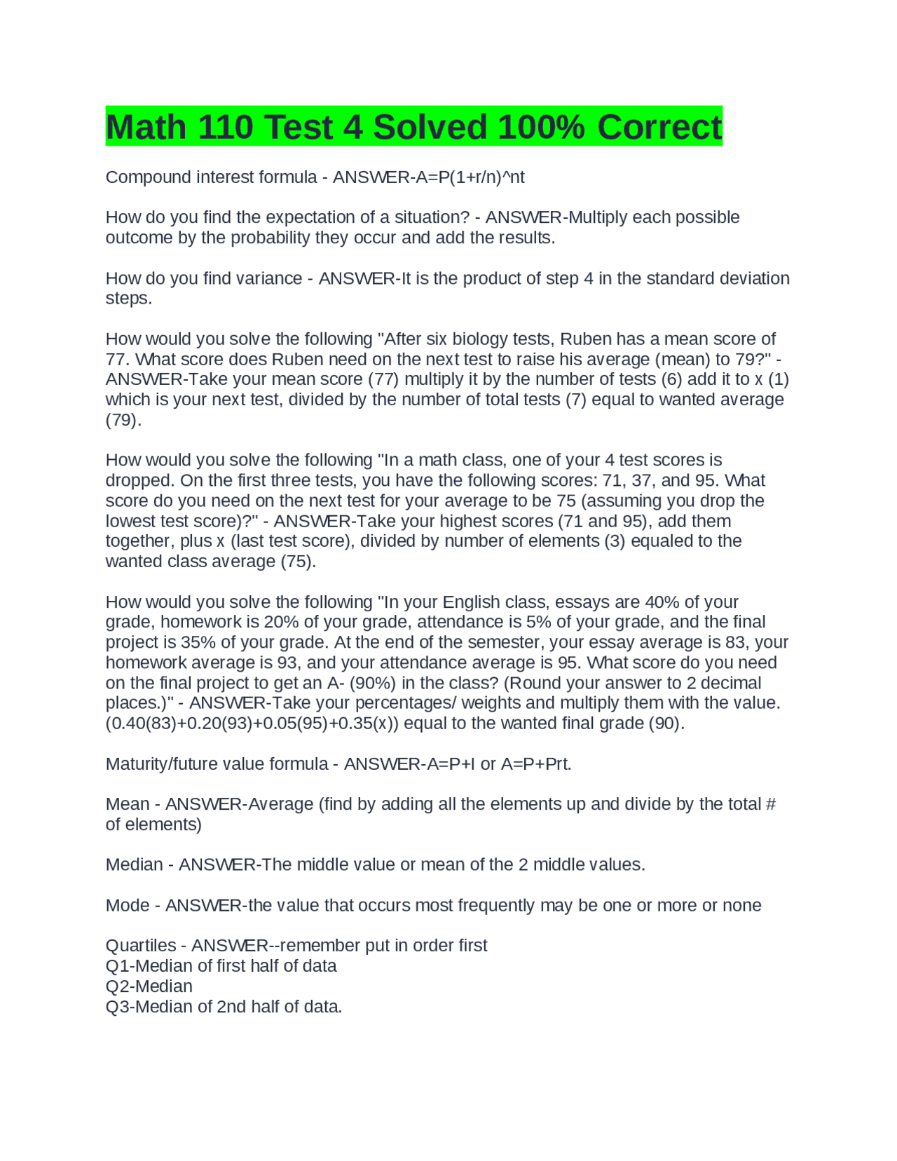 Math 110 Test 4 Solved A Comprehensive Guide To Key Concepts And Formulas Exams Mathematics