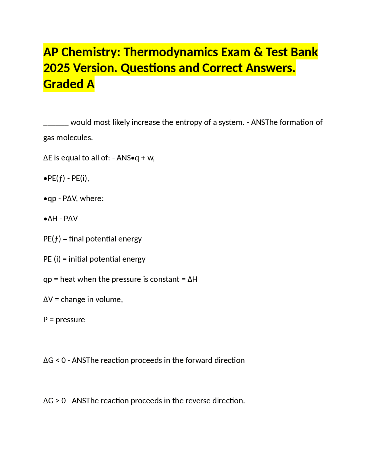 AP Chemistry Thermodynamics Exam & Test Bank: 2025 Version | Exams ...