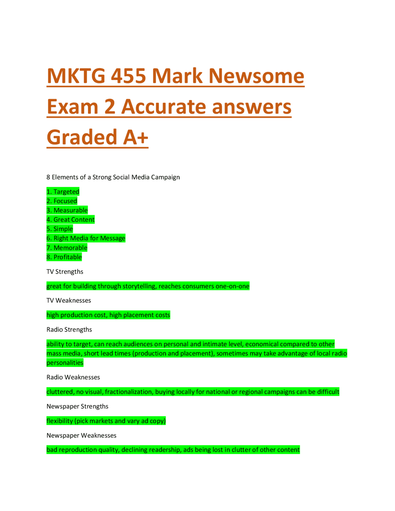 MKTG 461 Exam 1 Accurate Answers Graded A+ | Exams Business Economics ...