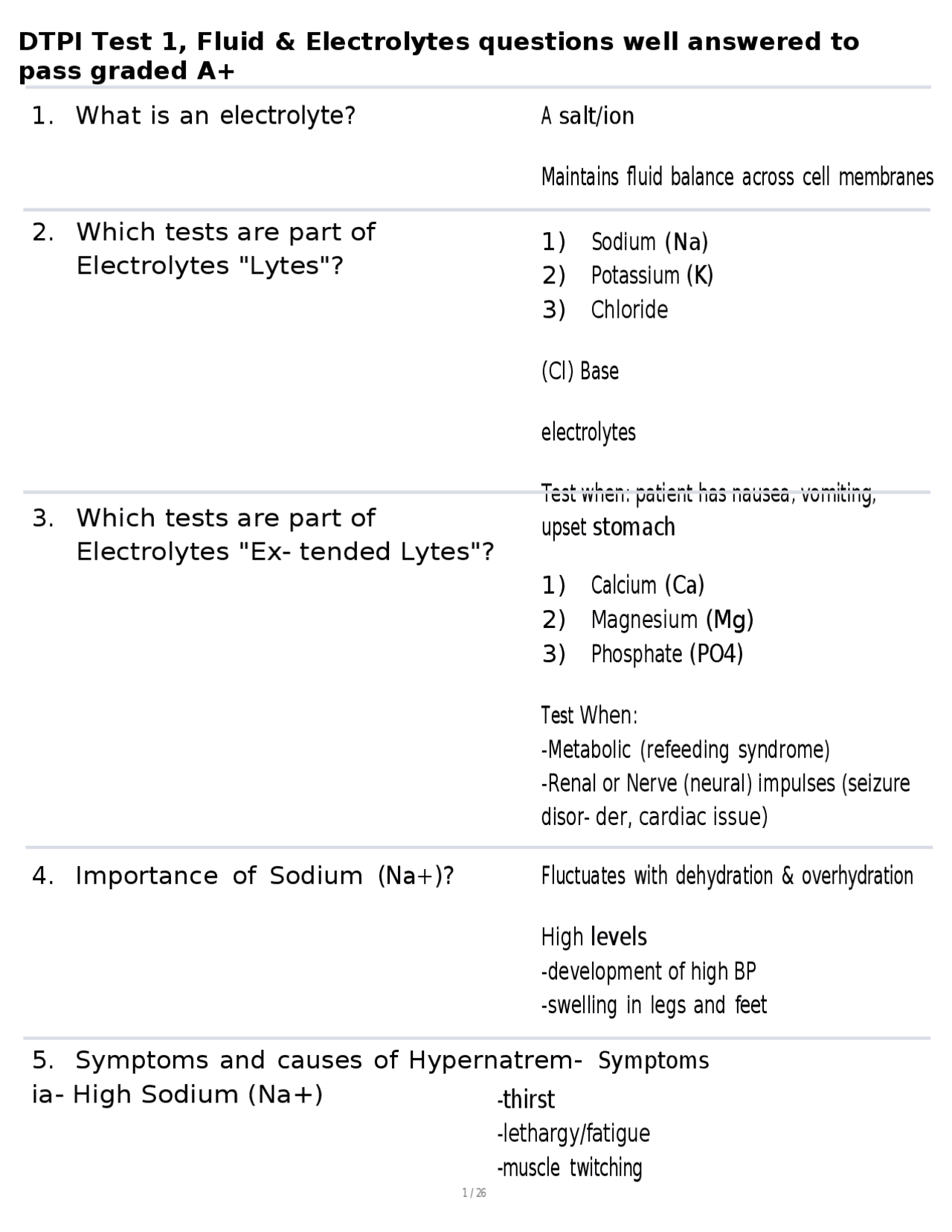 Fluid & Electrolytes: DTPI Test 1 Questions and Answers | Exams Nursing ...