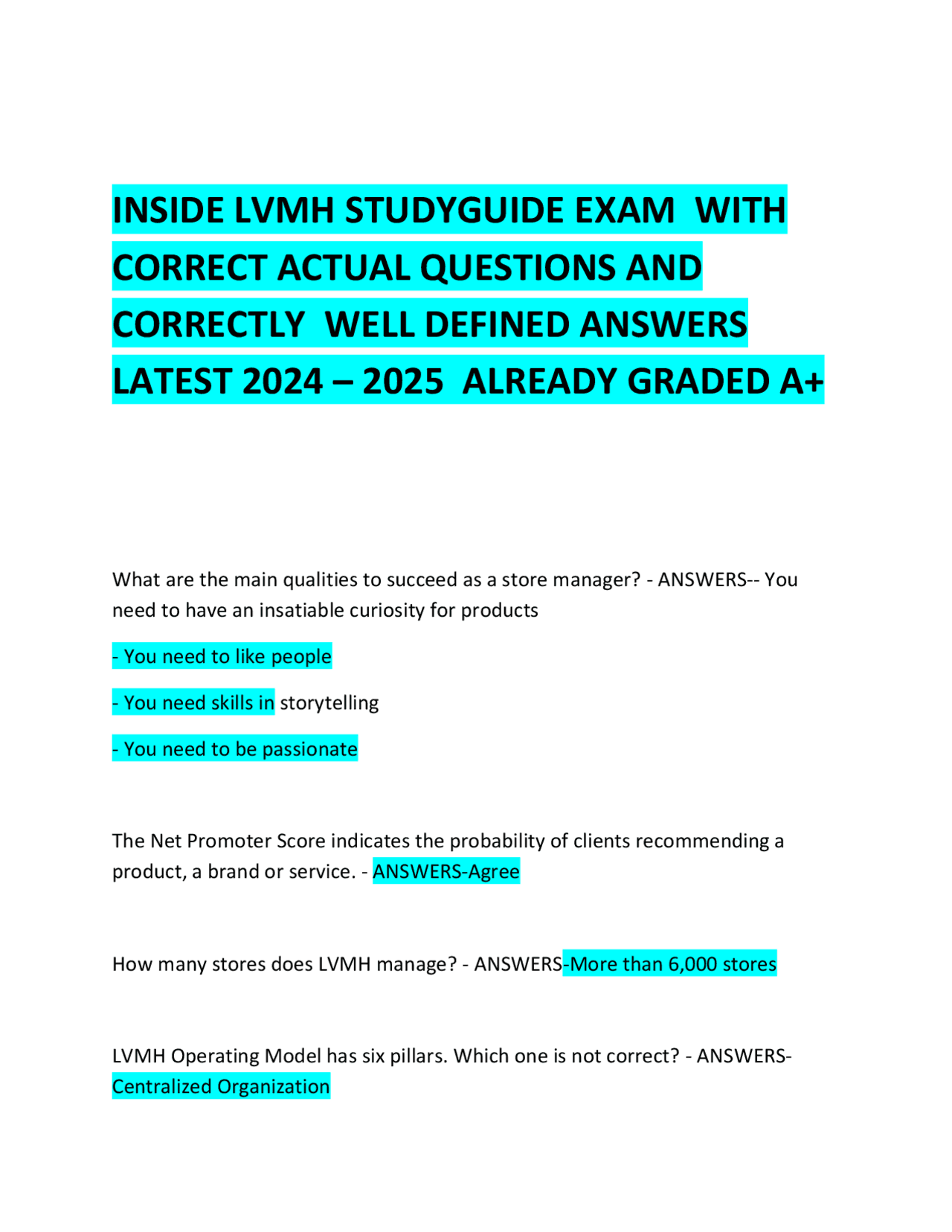 INSIDE LVMH STUDYGUIDE EXAM WITH CORRECT ACTUAL QUESTIONS 2025 | Exams Nursing | Docsity