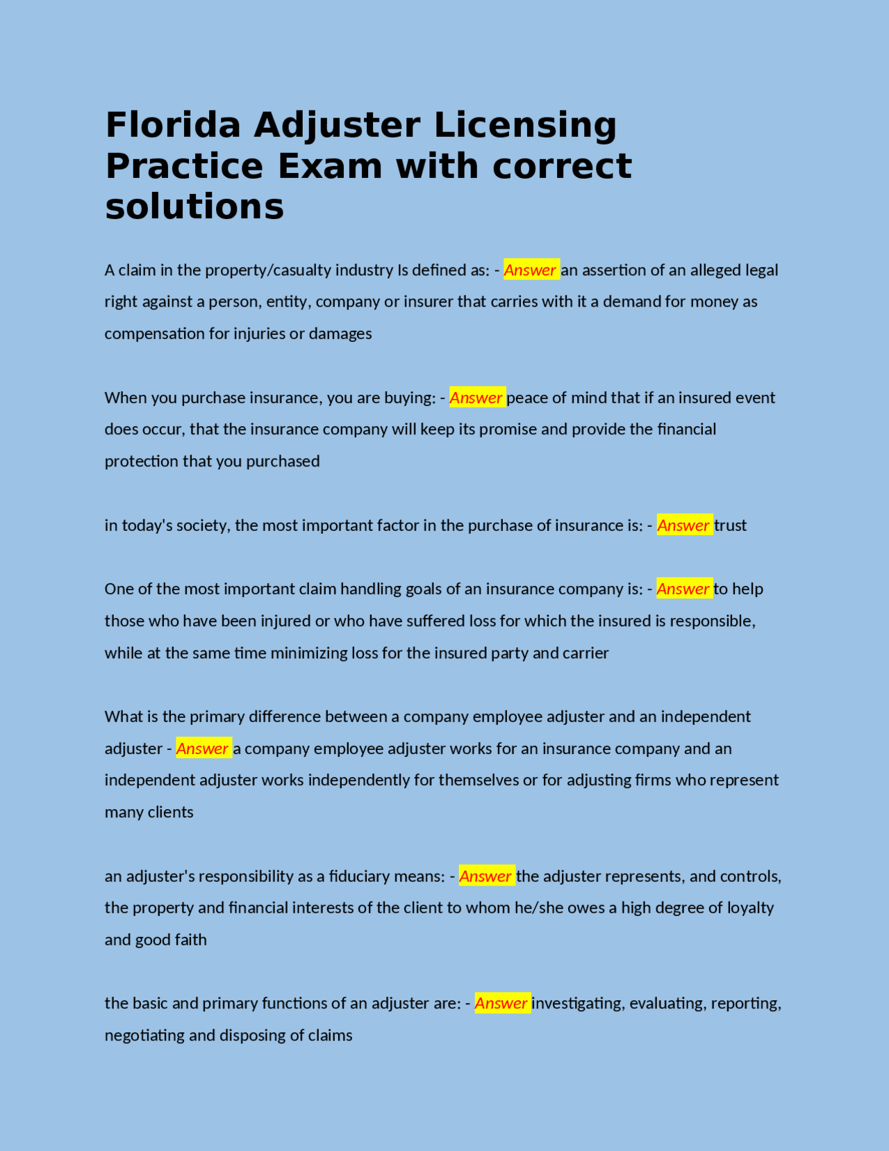 Florida Adjuster Licensing Practice Exam with Solutions | Exams Nursing ...