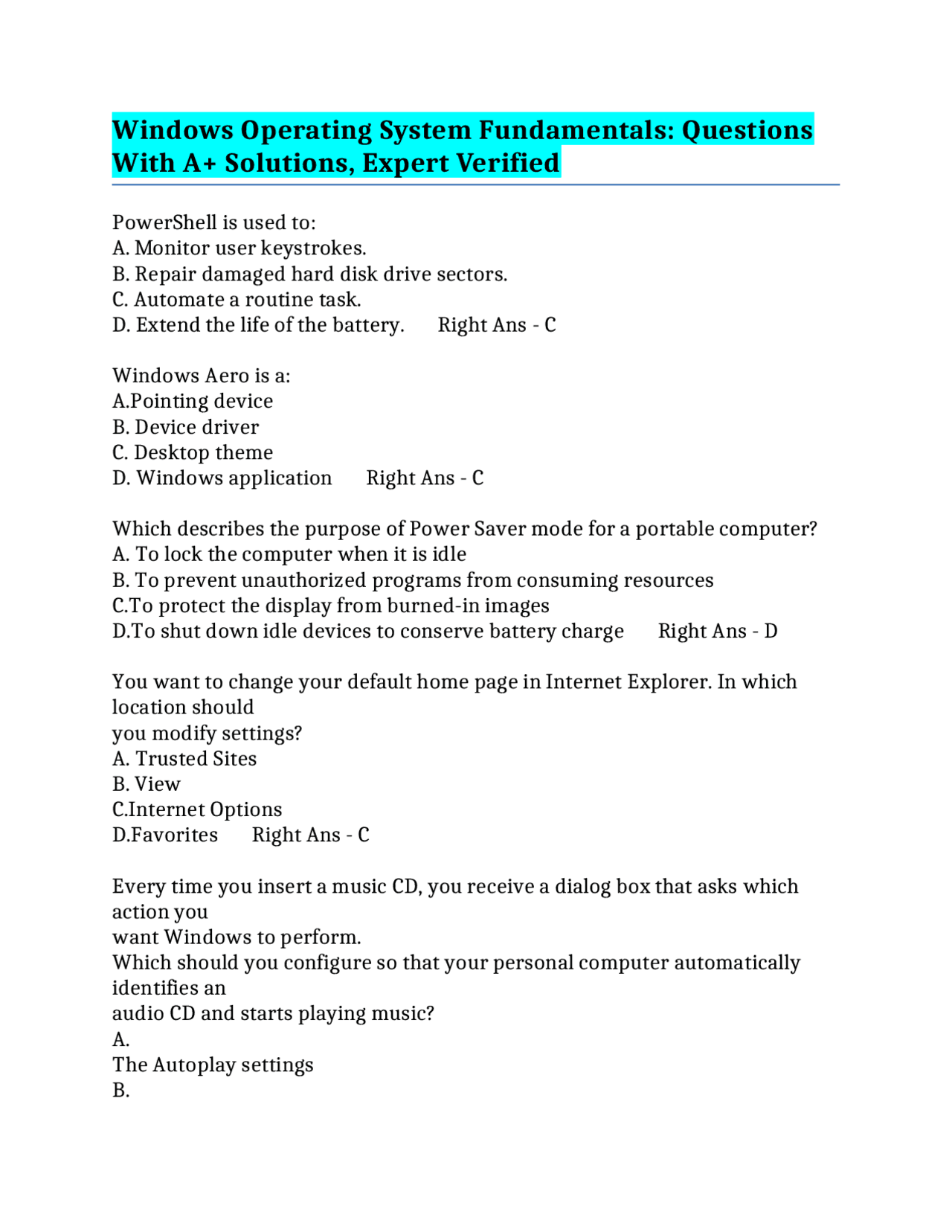 Windows Operating System Fundamentals: Questions With A+ Solutions, Expert Verified | Exams ...