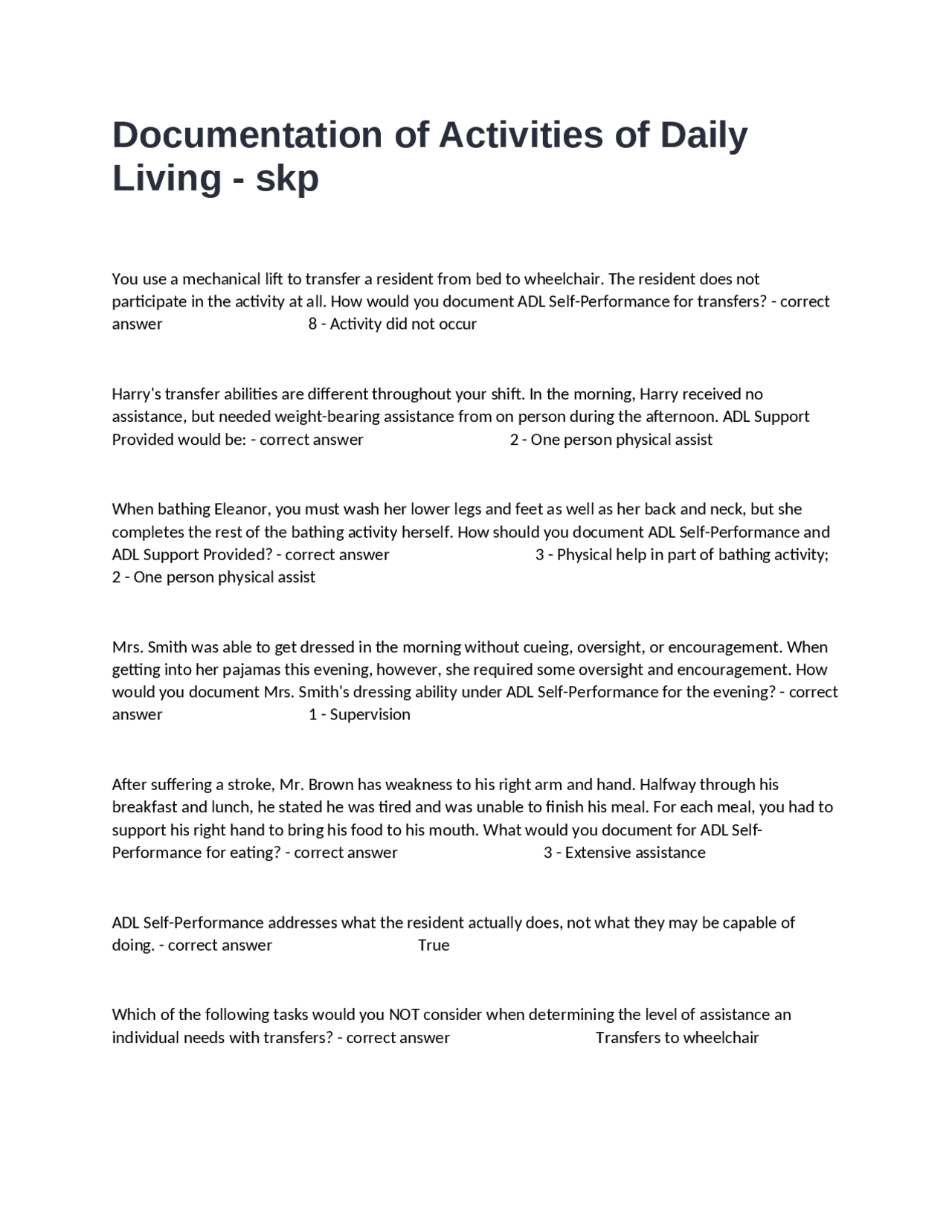 Activities of Daily Living (ADL) Self-Performance Documentation ...