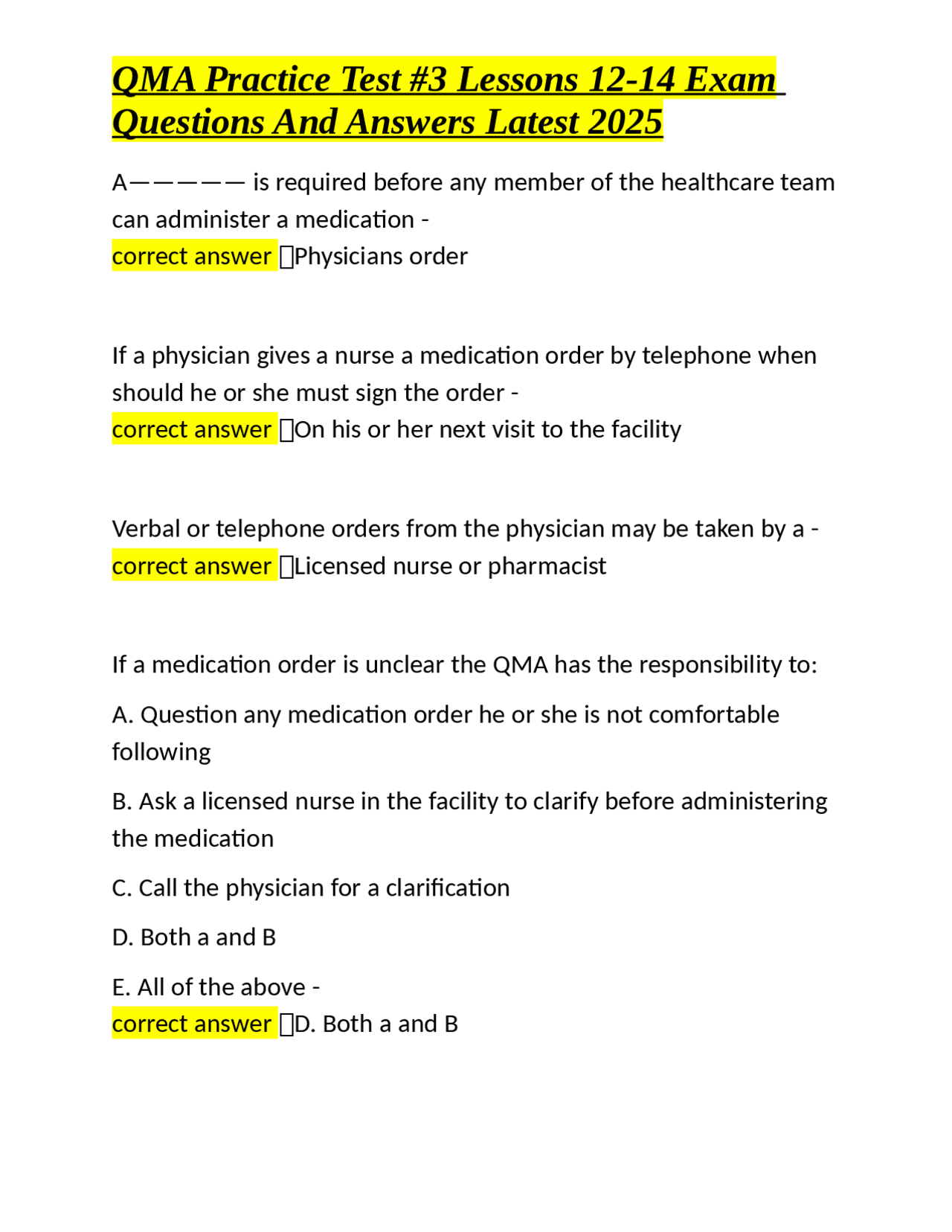 QMA Practice Test #3 Lessons 12-14 Exam Questions And Answers Latest ...