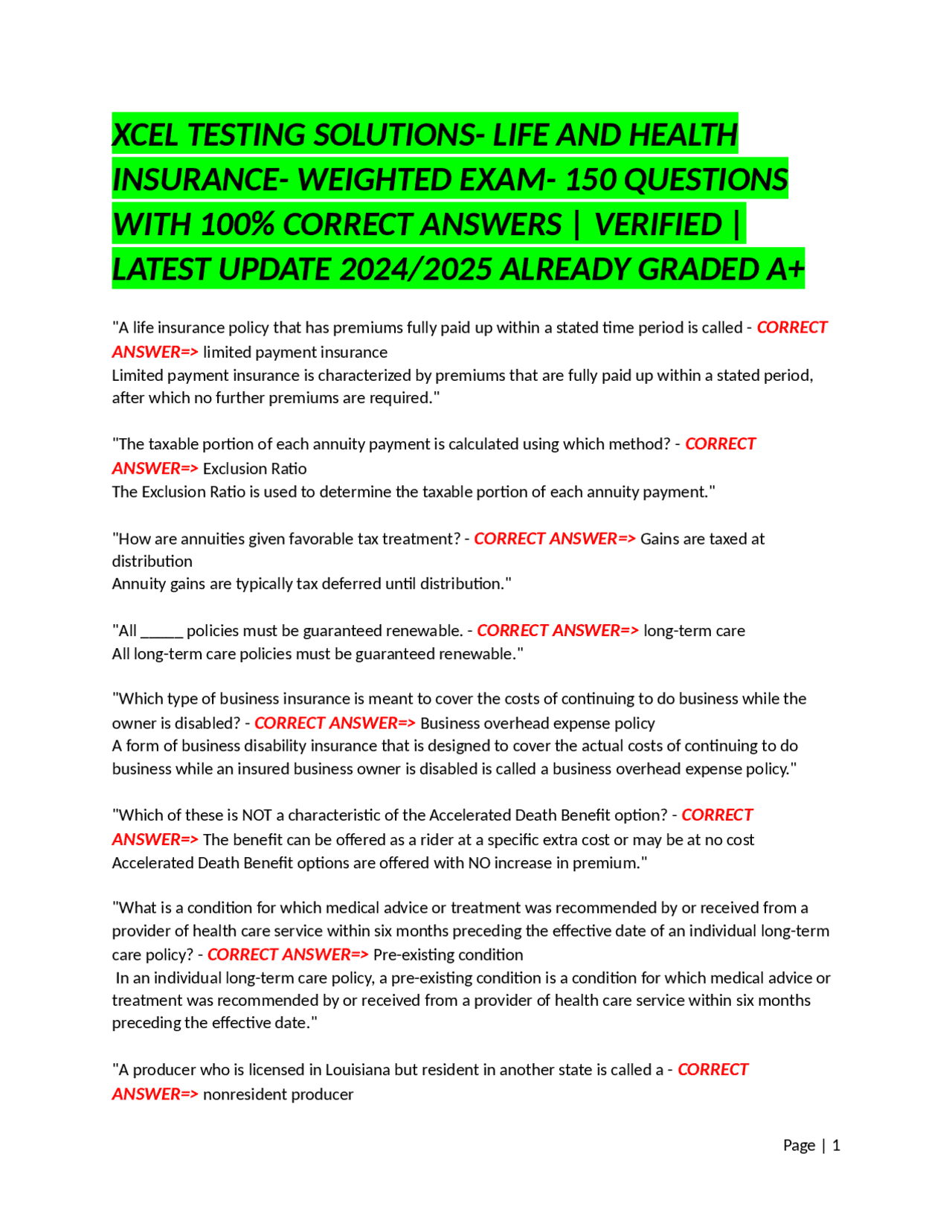 XCEL TESTING SOLUTIONS- LIFE AND HEALTH INSURANCE- WEIGHTED EXAM- 150 ...