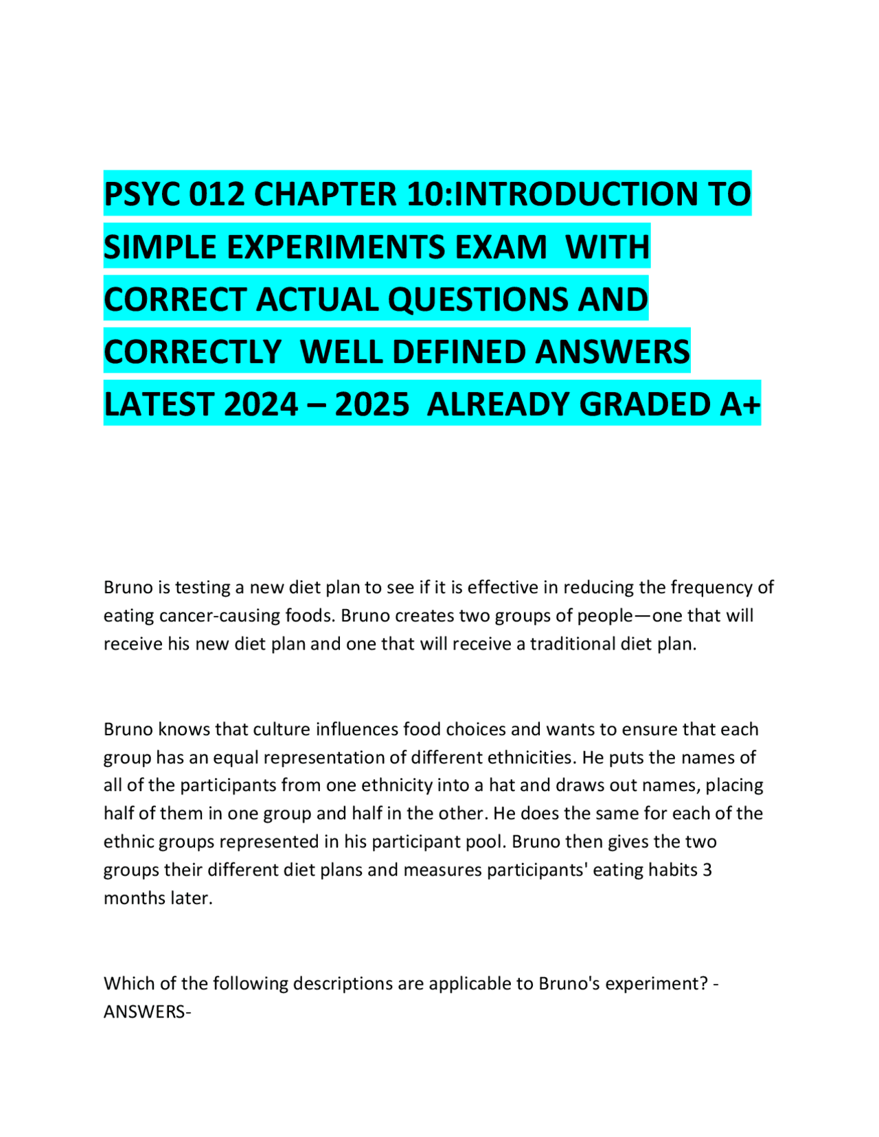 PSYC 012 CHAPTER 10:INTRODUCTION TO SIMPLE EXPERIMENTS EXAM WITH CORRECT ACTUAL QUESTIONS ...