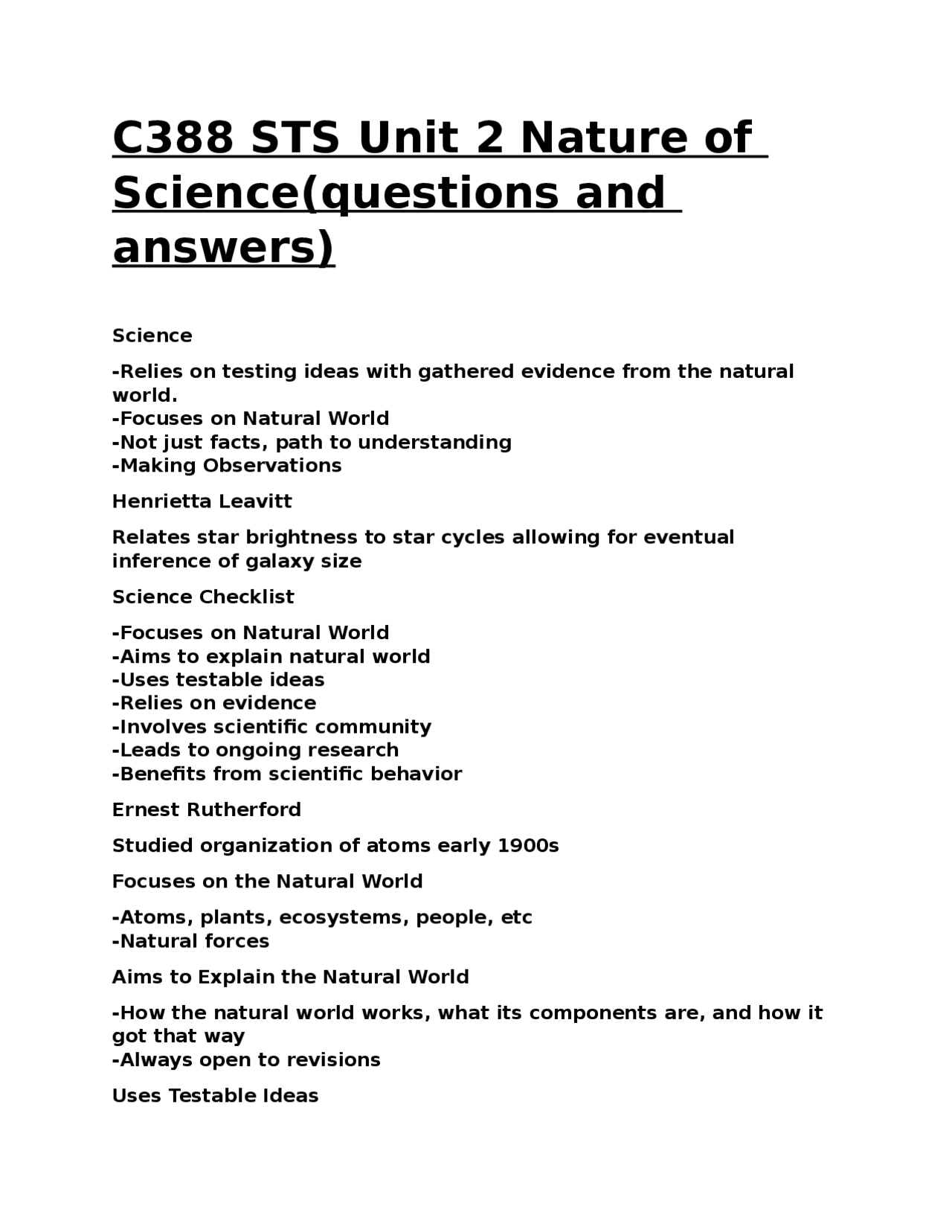 C388 STS Unit 2 Nature of Science(questions and answers).docx | Exams ...