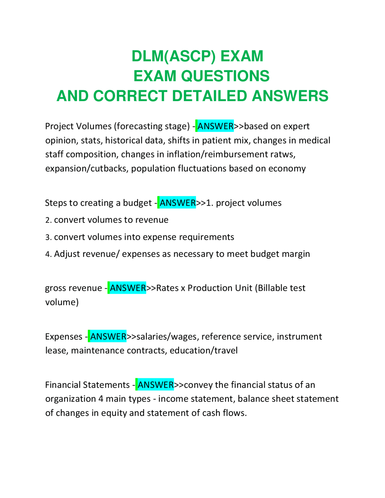 DLM(ASCP) Exam Questions and Answers: Financial Management in ...