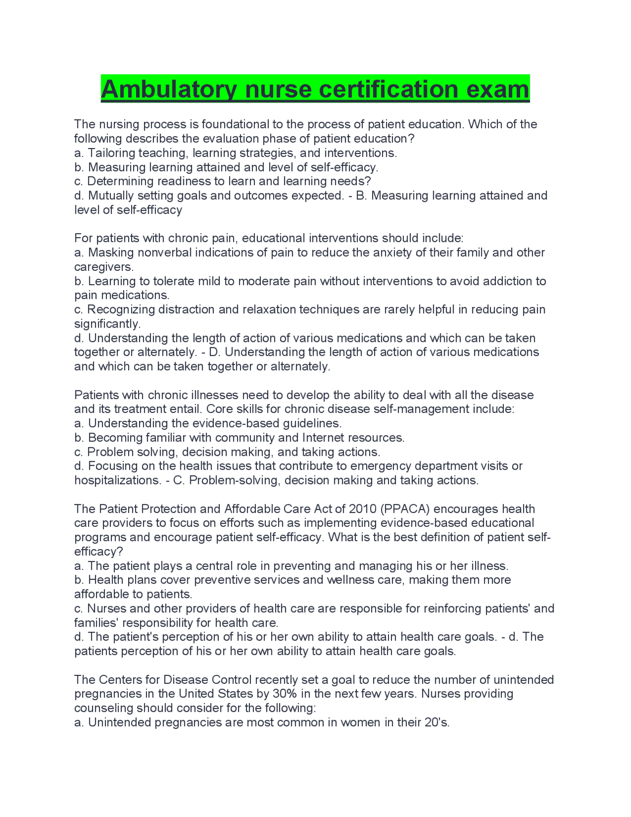 Ambulatory Nurse Certification Exam: Patient Education and Health ...