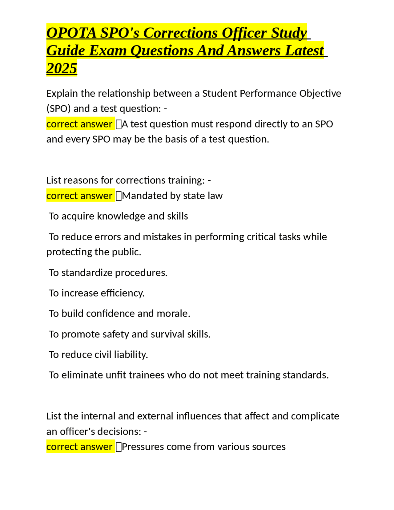 OPOTA SPO's Corrections Officer Study Guide: Exam Questions and Answers ...