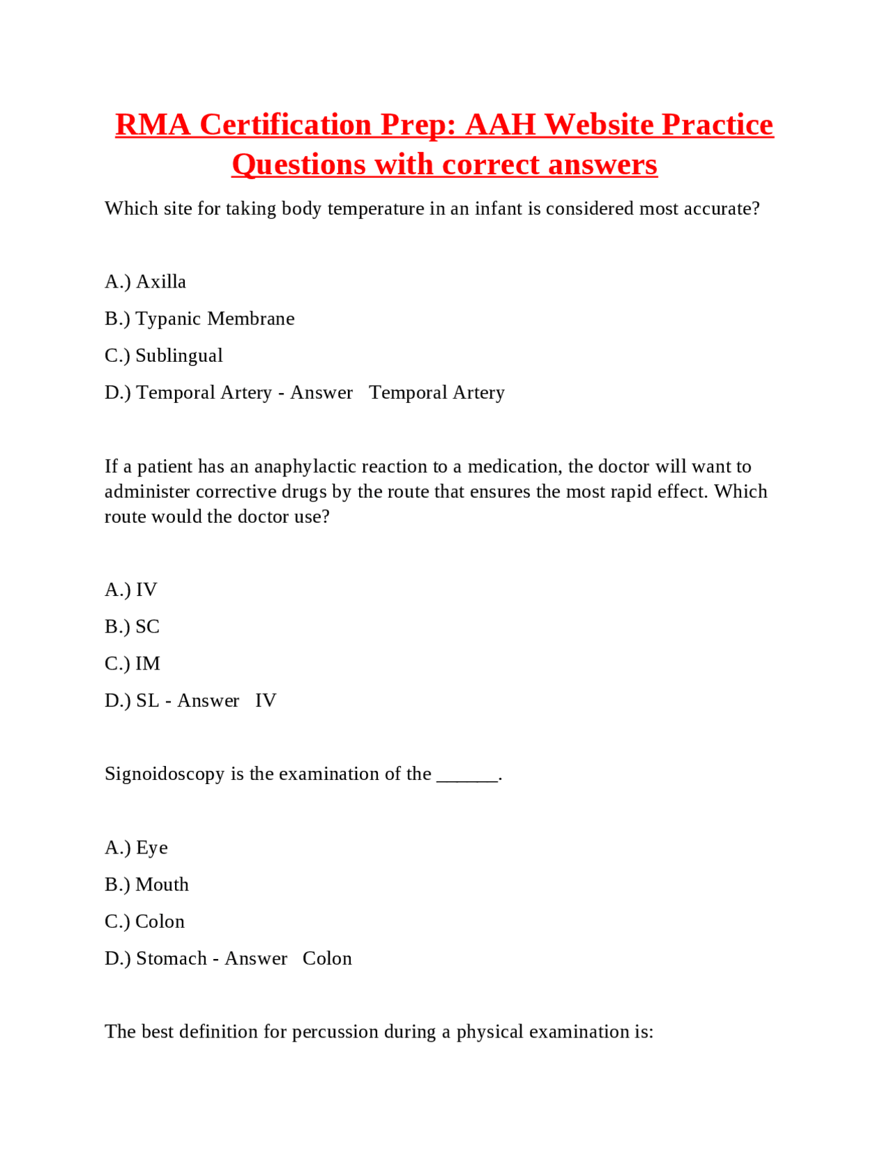 RMA Certification Prep: AAH Website Practice Questions with correct ...