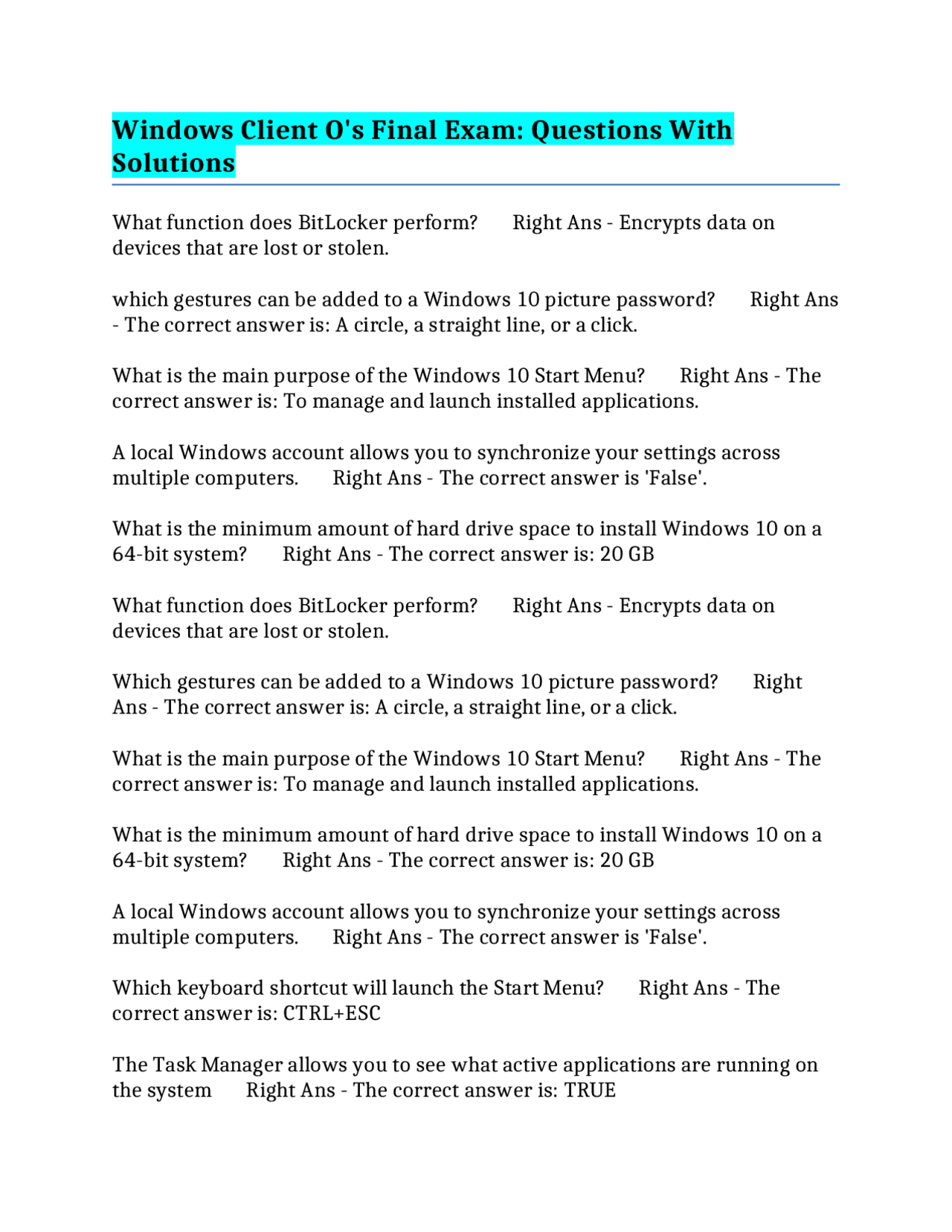 Windows Client O's Final Exam: Questions With Solutions | Exams ...