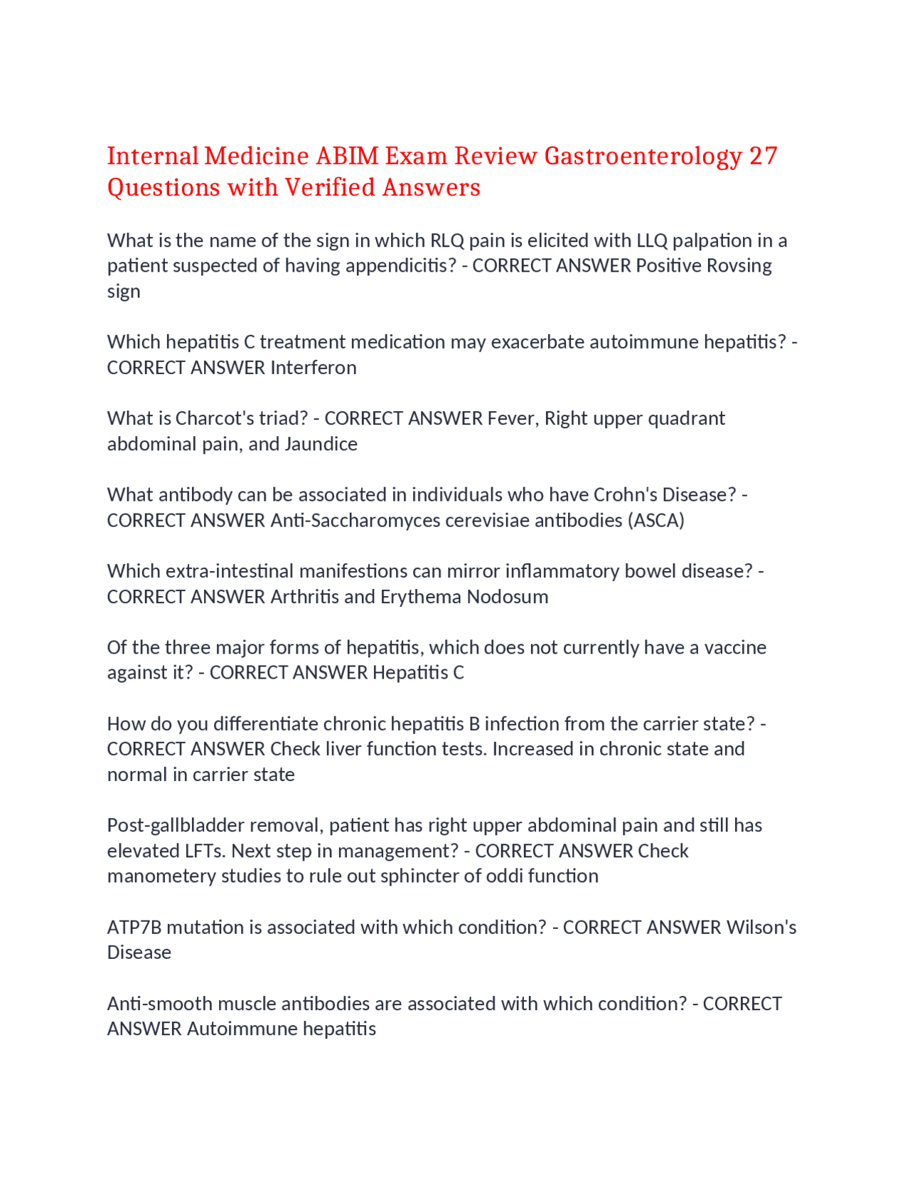 Internal Medicine ABIM Exam Review Gastroenterology 27 Questions with ...