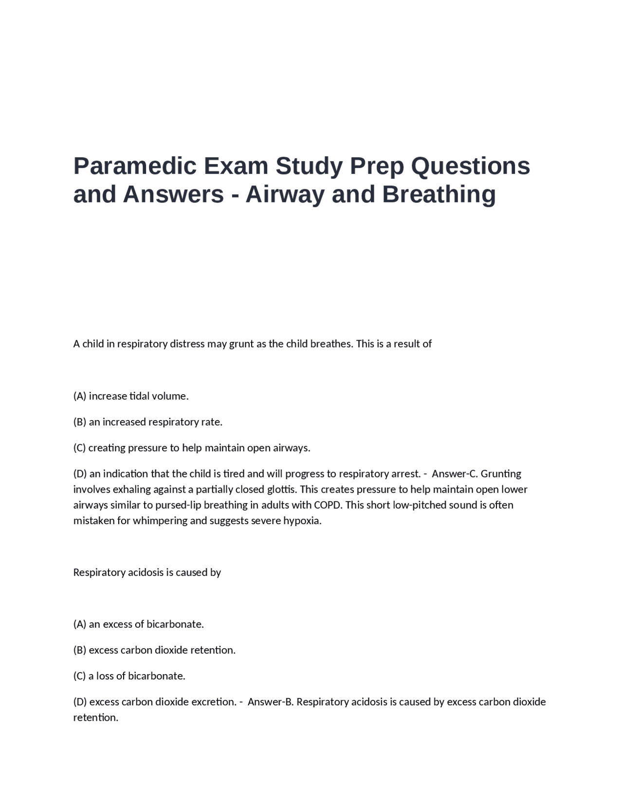 Paramedic Exam Study Prep Questions and Answers - Airway and Breathing | Exams Nursing | Docsity