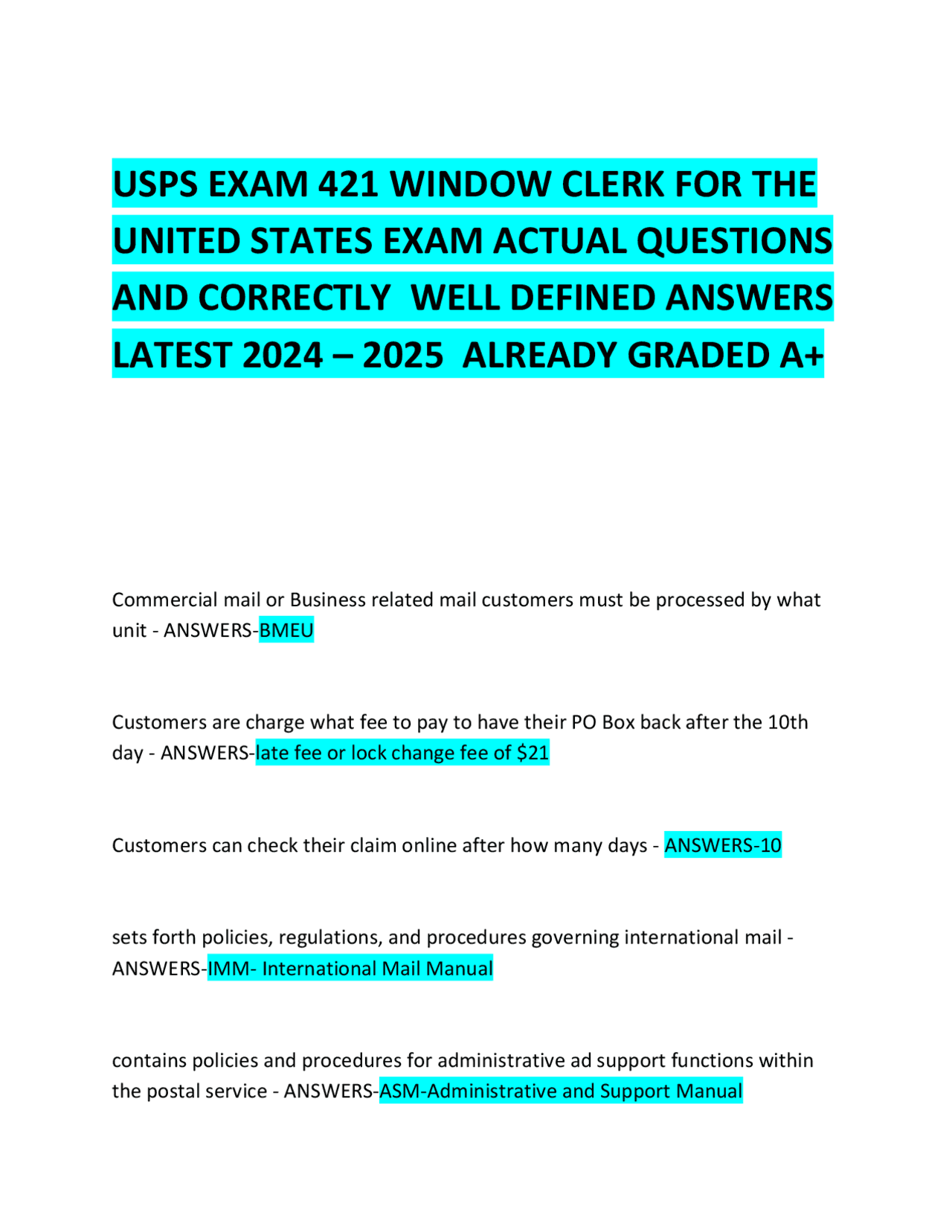 USPS EXAM 421 WINDOW CLERK FOR THE UNITED STATES EXAM ACTUAL QUESTIONS ...