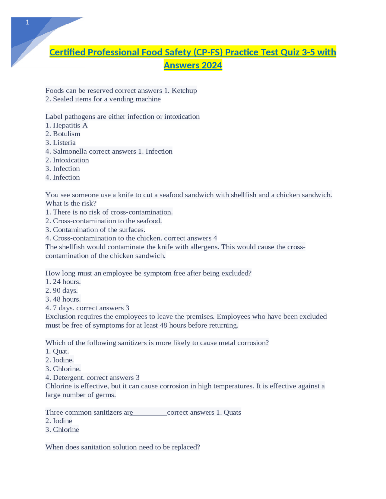 Certified Professional Food Safety (CP-FS) Practice Test Quiz with ...