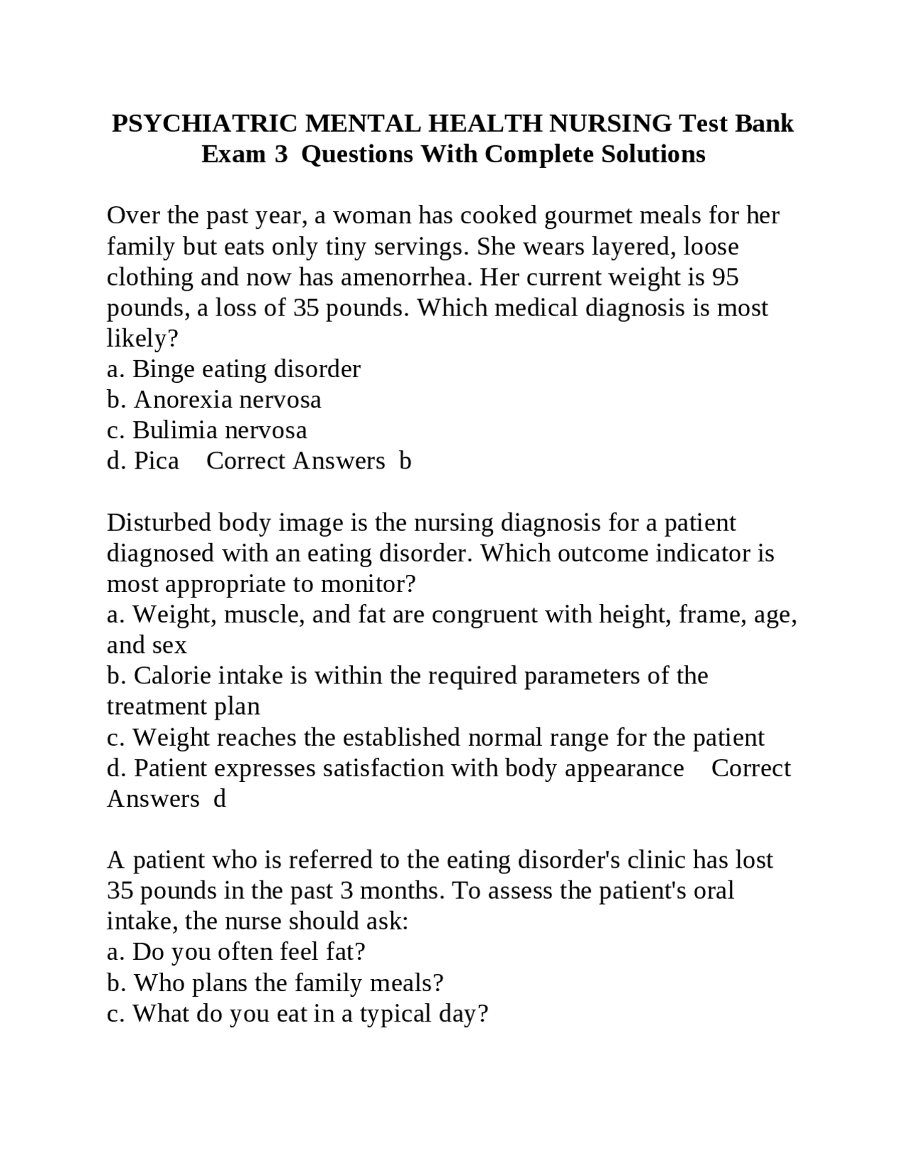 PSYCHIATRIC MENTAL HEALTH NURSING Test Bank Exam 3 Questions With ...