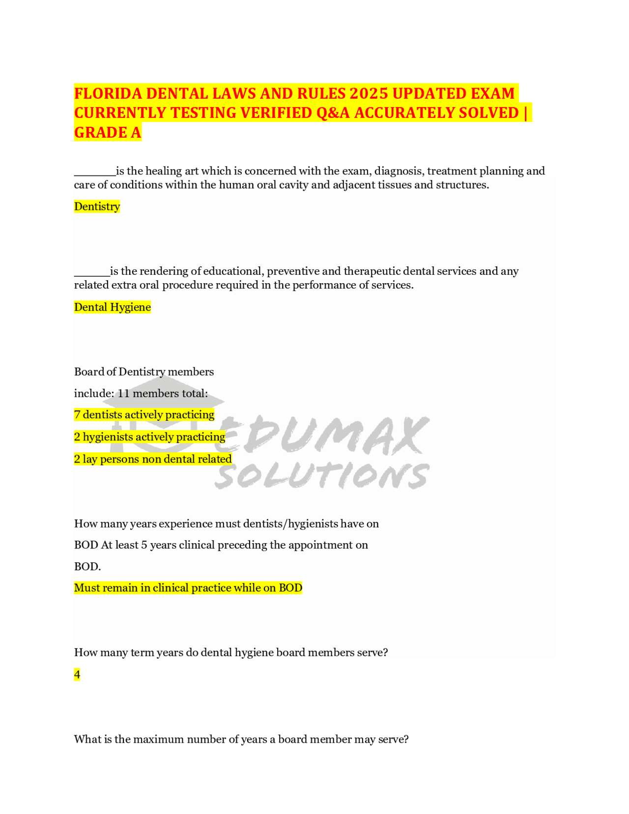 Florida Dental Laws and Rules 2025 Updated Exam: Questions and Answers ...