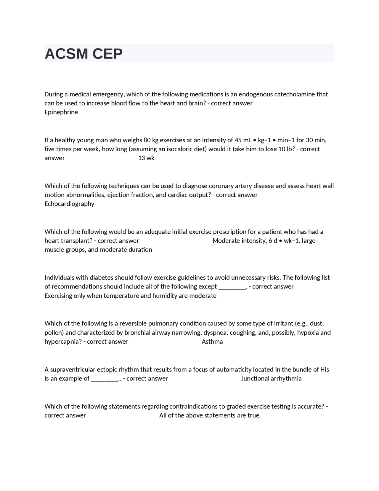 ACSM CEP PRACTICE EXAM QUESTIONS AND ANSWERS. | Exams Nursing | Docsity