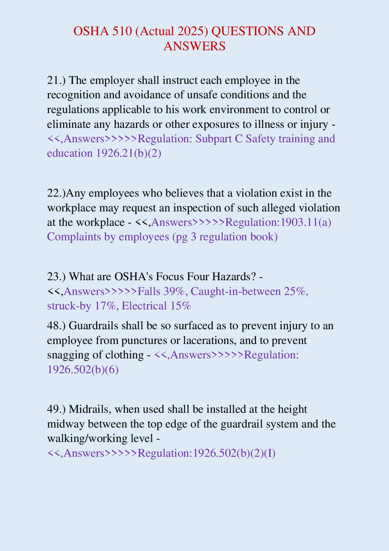 OSHA 510 (Actual 2025) QUESTIONS AND ANSWERS | Exams Workplace Safety ...