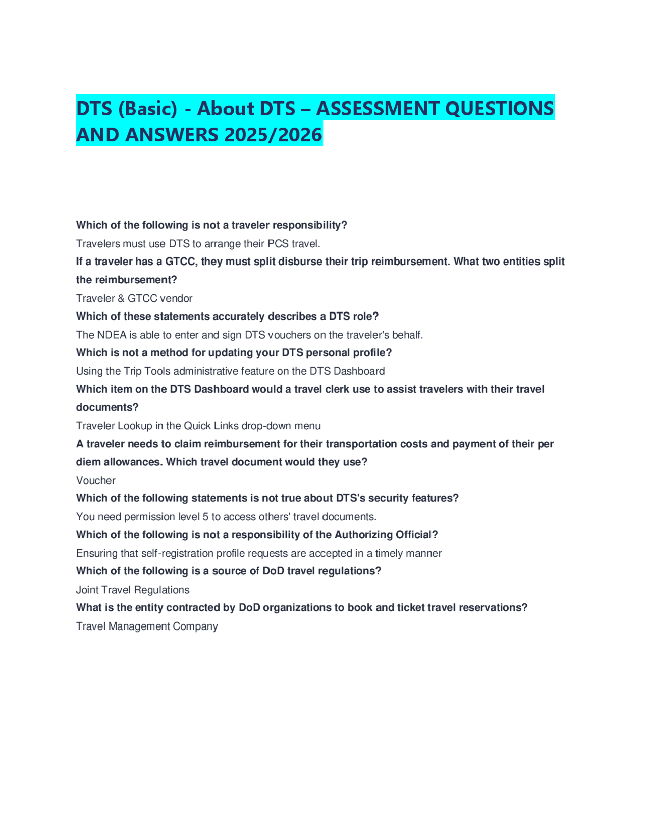 DTS (Basic) - About DTS - Assessment Questions and Answers 2025/2026 | Exams Law | Docsity