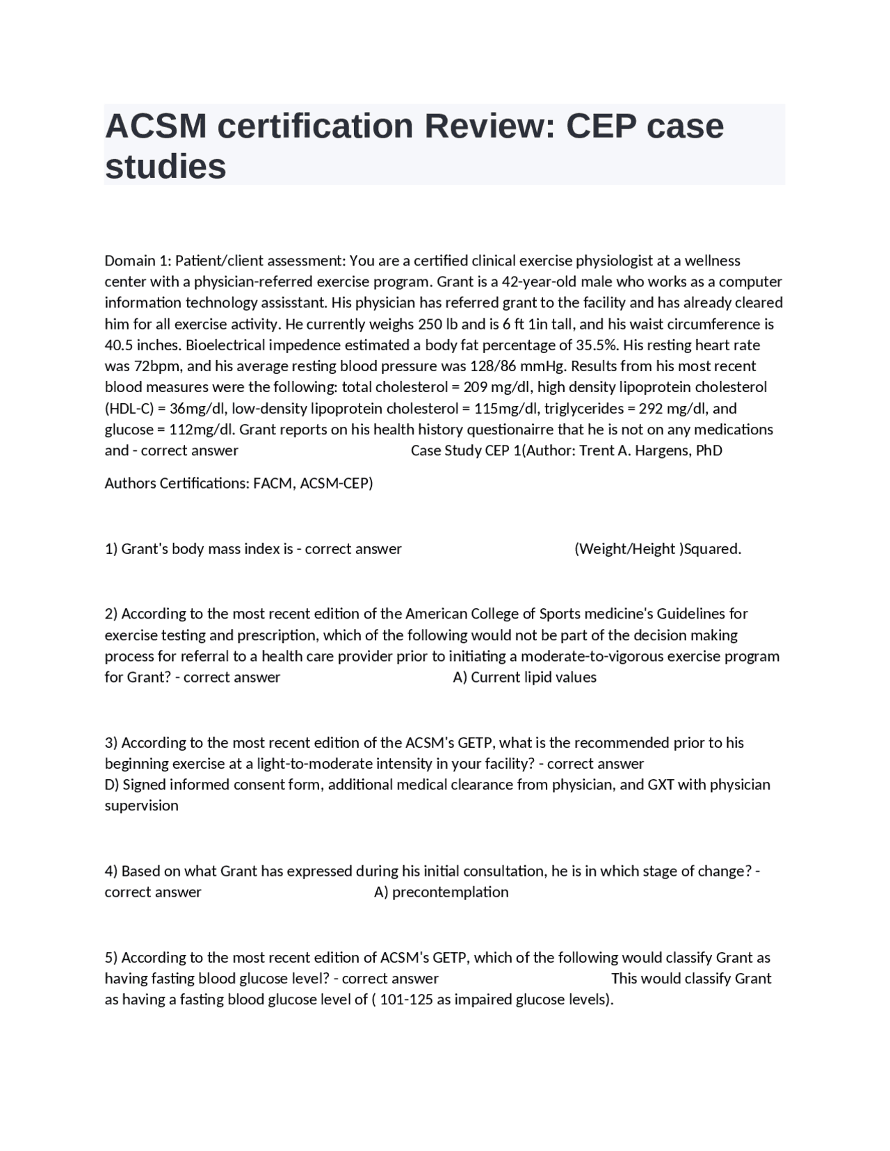ACSM Certification Review: CEP Case Studies | Exams Nursing | Docsity