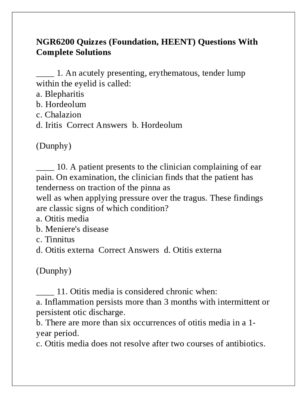 NGR6200 Quizzes (Foundation, HEENT) Questions With Complete Solutions ...