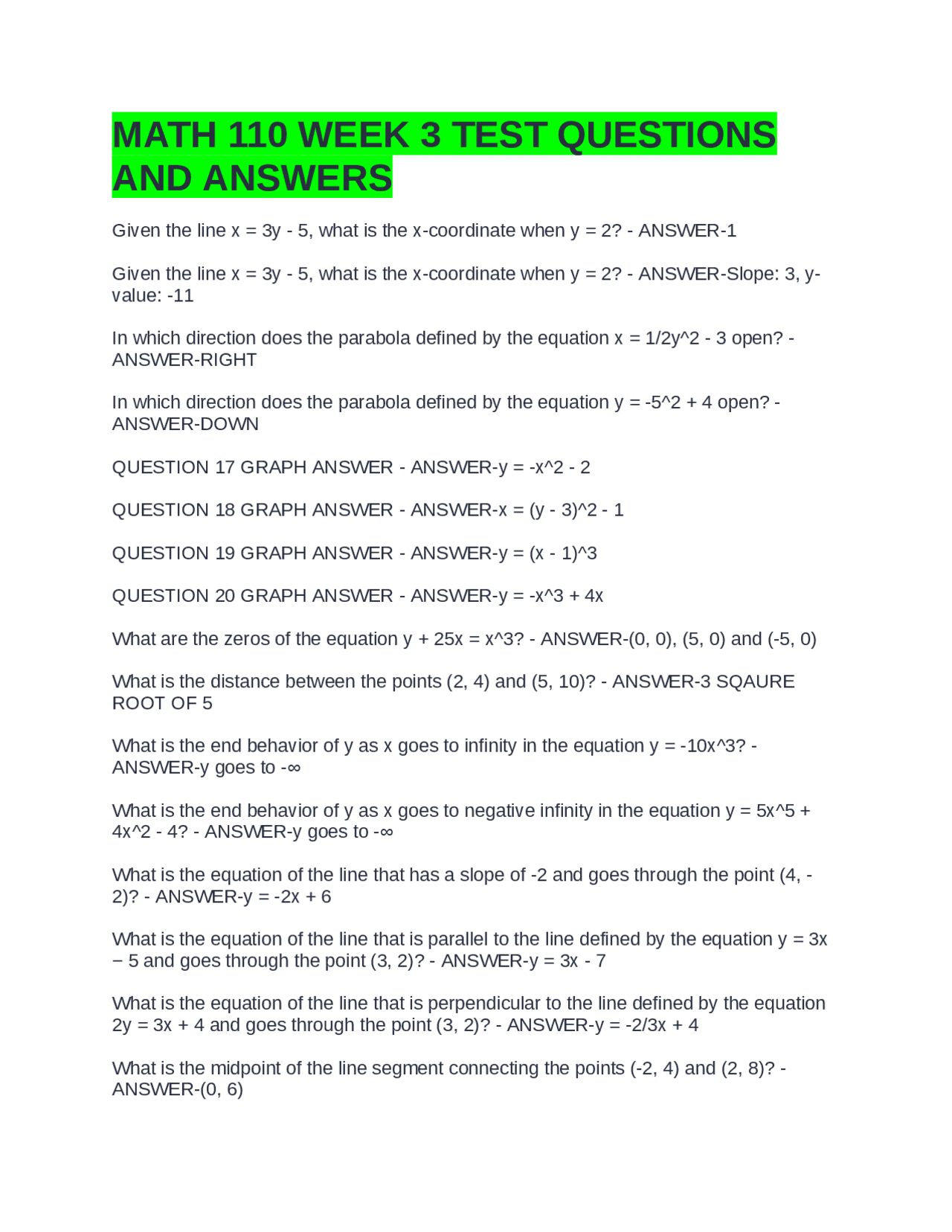 Math 110 Week 3 Test Questions And Answers Exams Mathematics Docsity