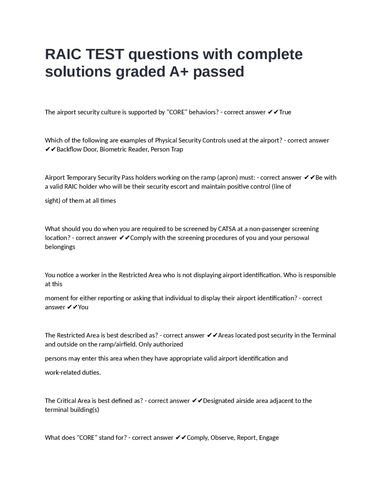 RAIC Test Questions and Answers: Airport Security Awareness | Exams ...